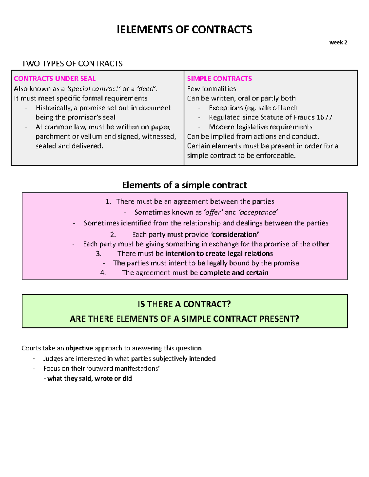 WEEK 2 - Contract LAW - lELEMENTS OF CONTRACTS week 2 TWO TYPES OF CONTRACTS CONTRACTS UNDER ...