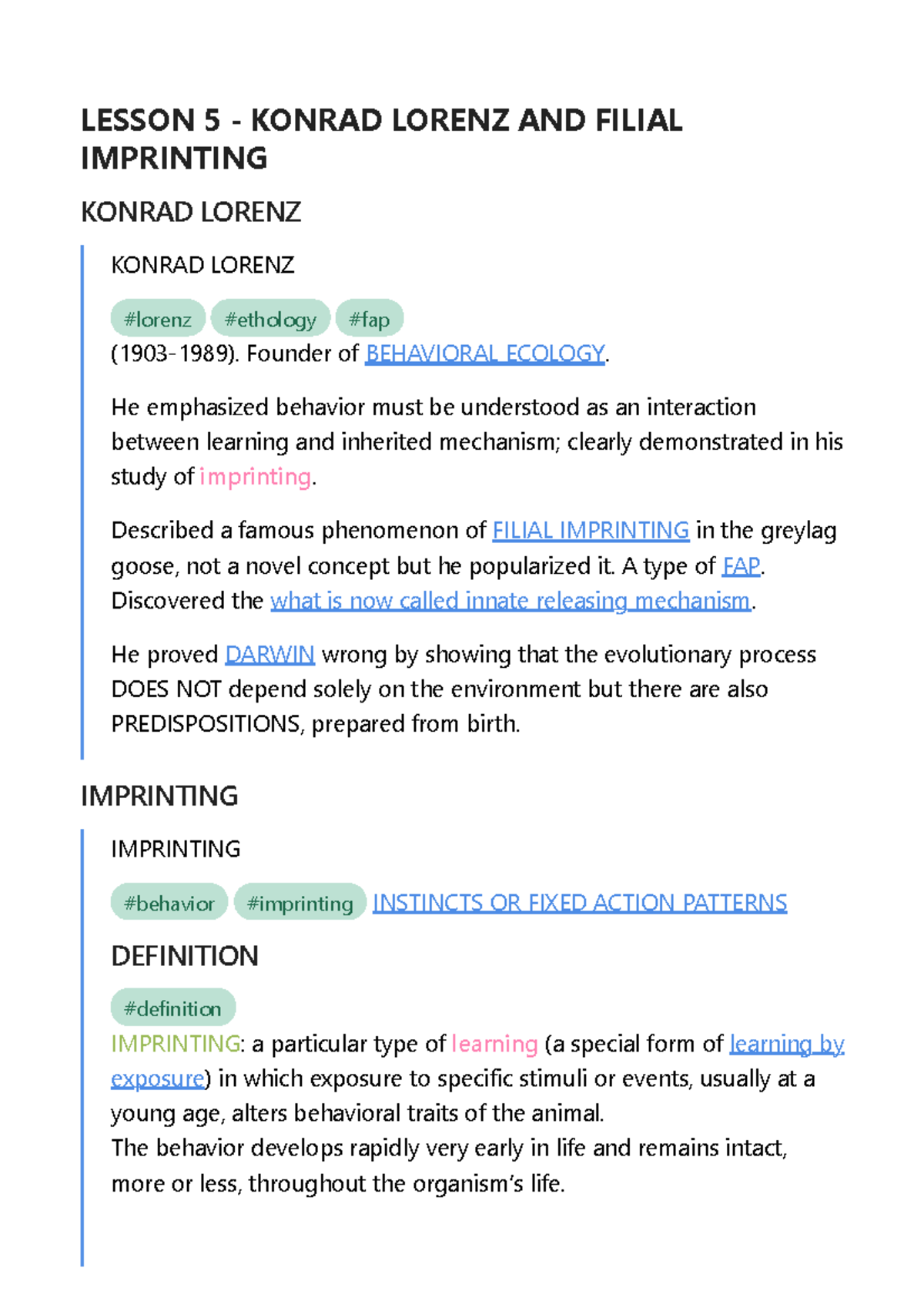 Lesson 5 - Konrad Lorenz AND Filial Imprinting - LESSON 5 - KONRAD LORENZ AND FILIAL IMPRINTING ...