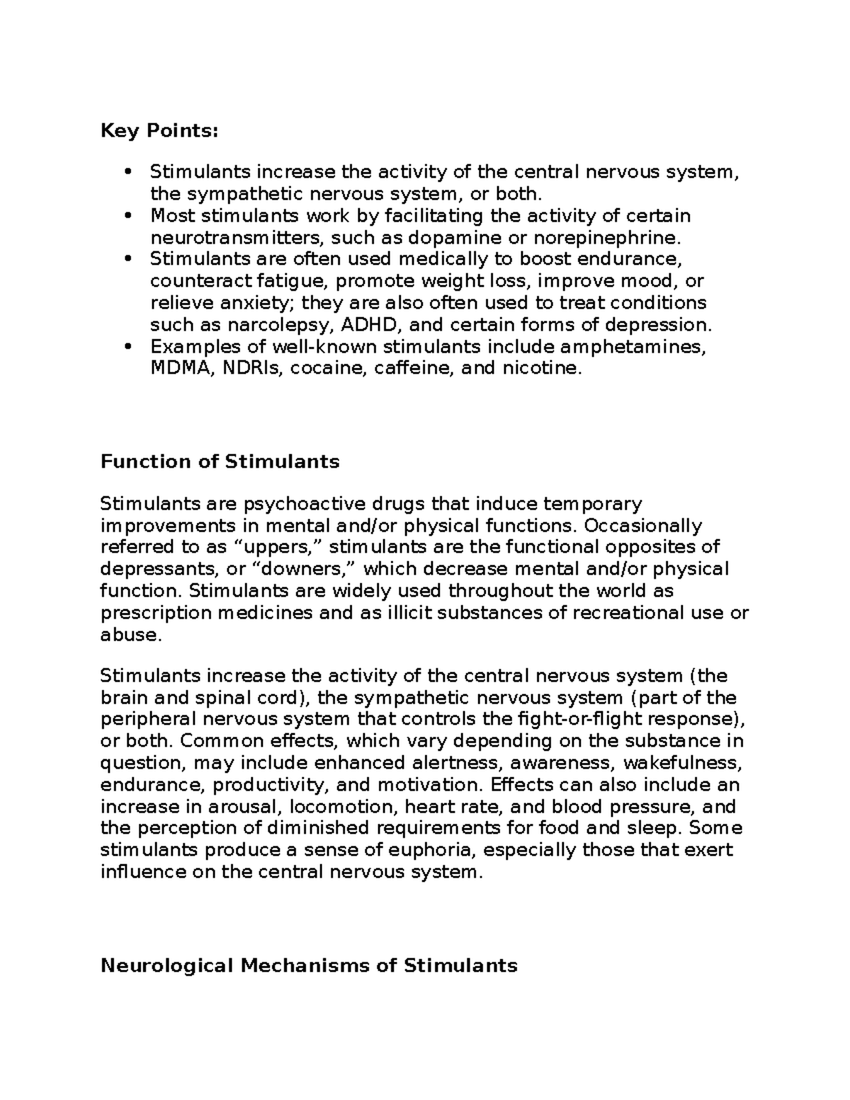 Stimmulants - stimulants' notes - Key Points: Stimulants increase the ...