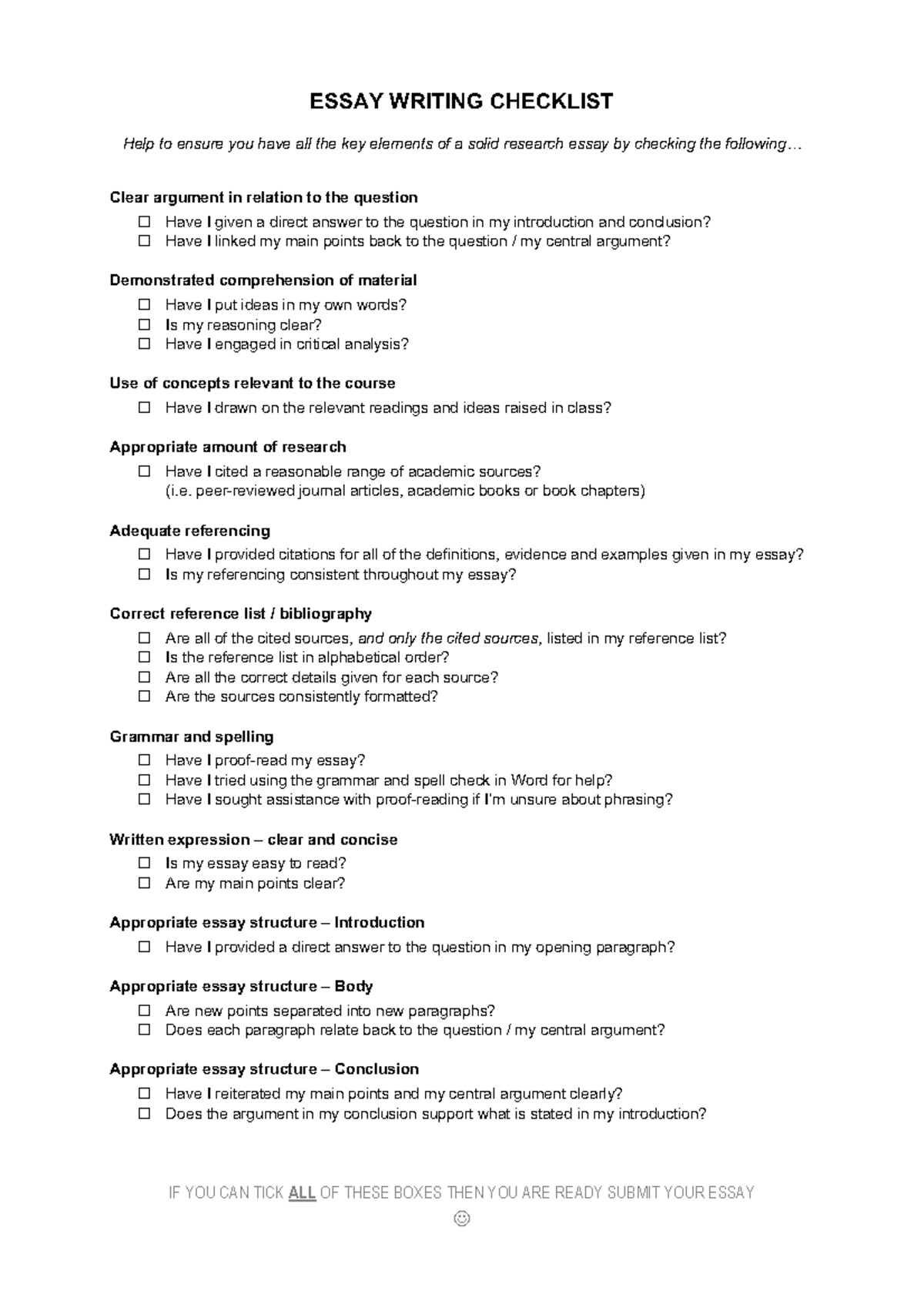 Essay Writing Checklist - IF YOU CAN TICK ALL OF THESE BOXES THEN YOU ...