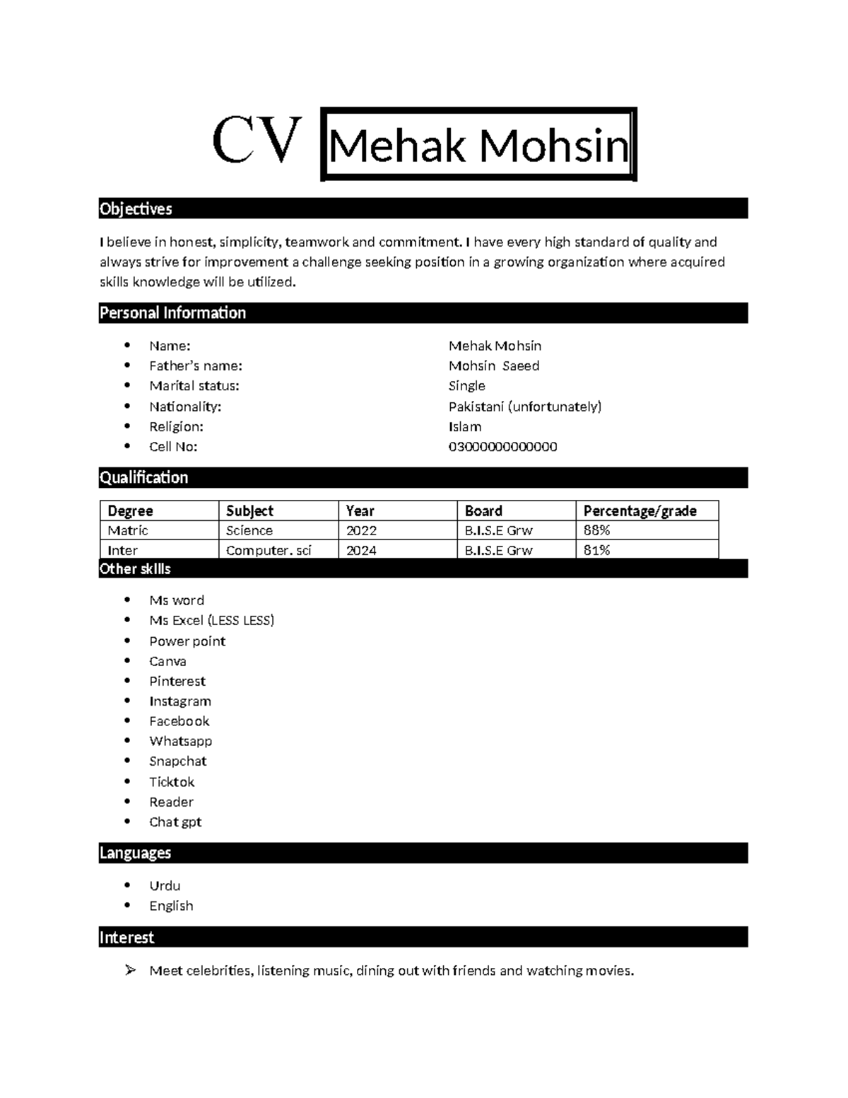 CV Mehak Mohsin - give me mcq plz - CV Mehak Mohsin Objectives I believe in honest, simplicity ...