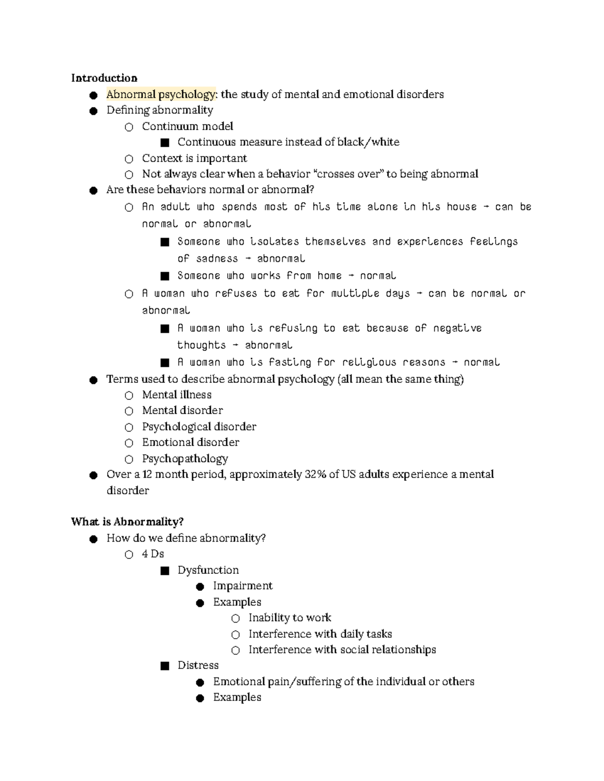 PSYCH380 Notes (Exam1) - Introduction Abnormal psychology: the study of ...