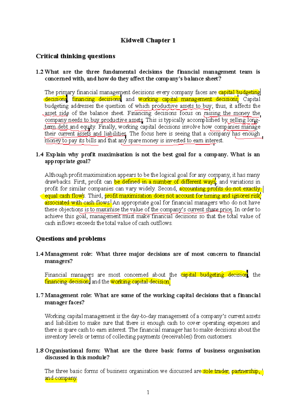 Tutorial solution Week 1 Part I - Kidwell Chapter 1 Critical thinking ...