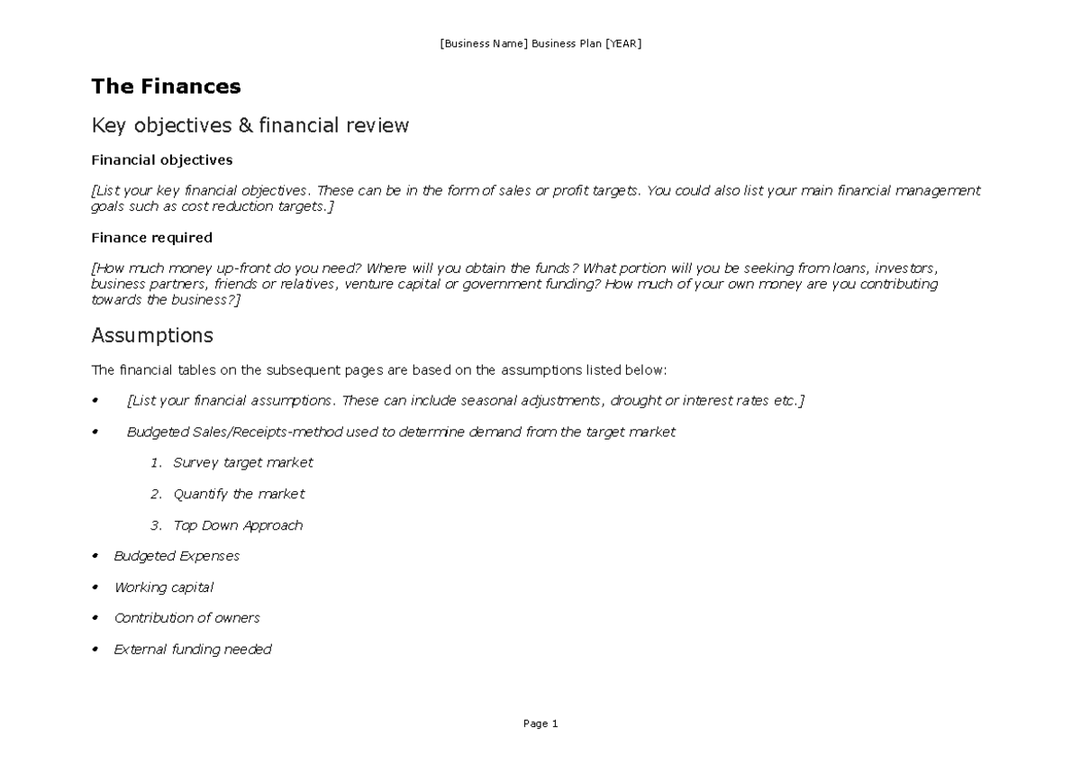Very Important BPlan Template-Financials - The Finances Key objectives ...