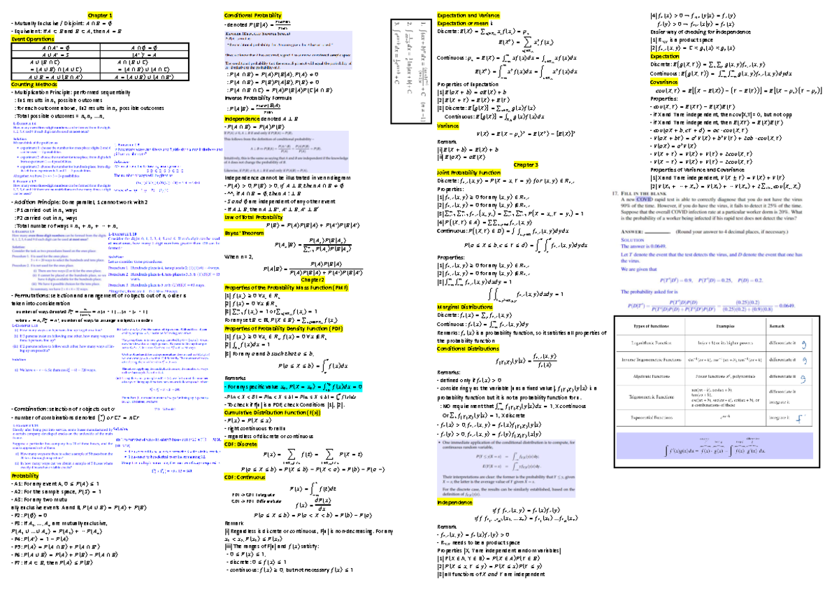 ST Finals Cheatsheet - Summary Probability and Statistics - Chapter 1 Mutually Exclusive ...