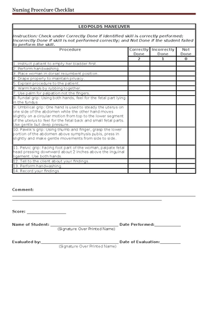 Fundic Height Measurement Checklist 1 - Nursing Procedure Checklist ...