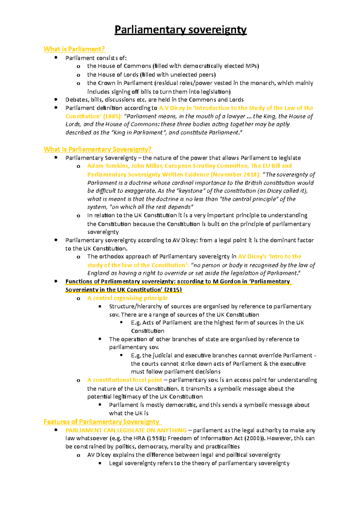 Parliamentary sovereignty notes - Parliamentary sovereignty What is ...