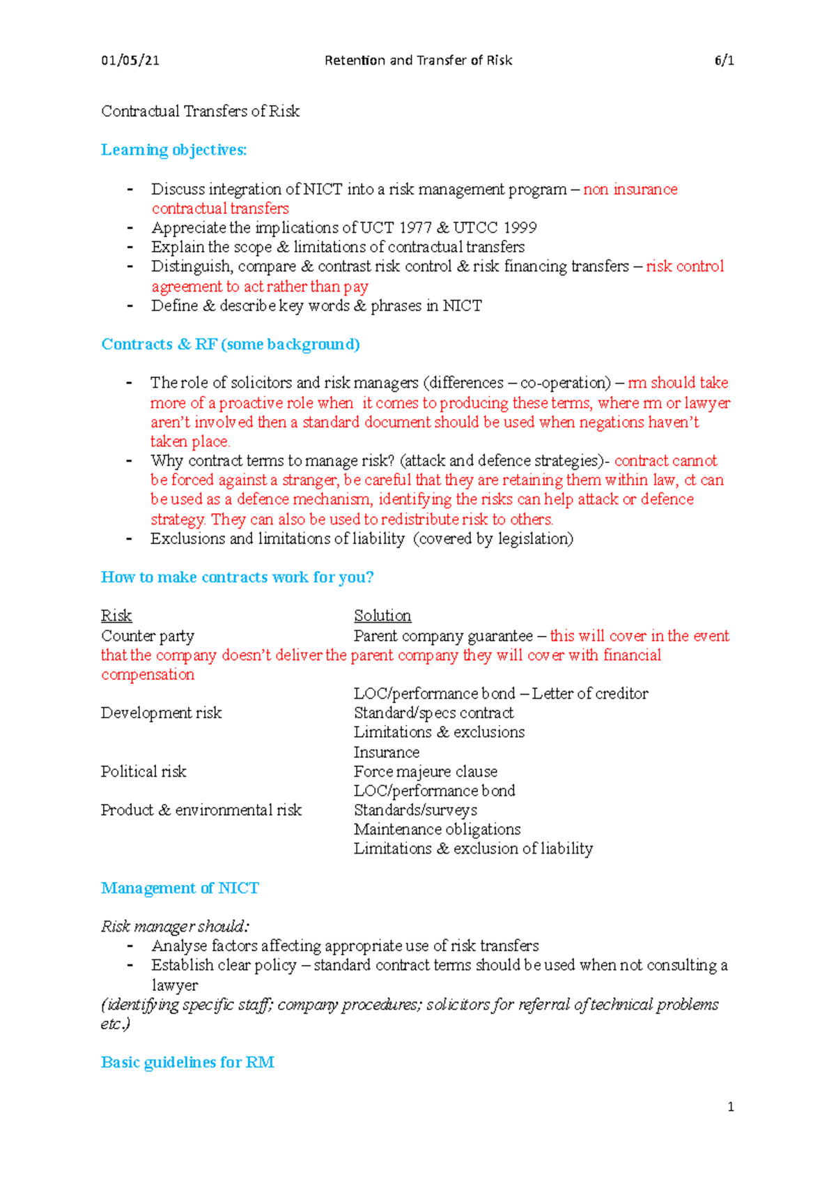 6-1 Contractual Transfers of Risk - 27/08/19 Retention and Transfer of ...