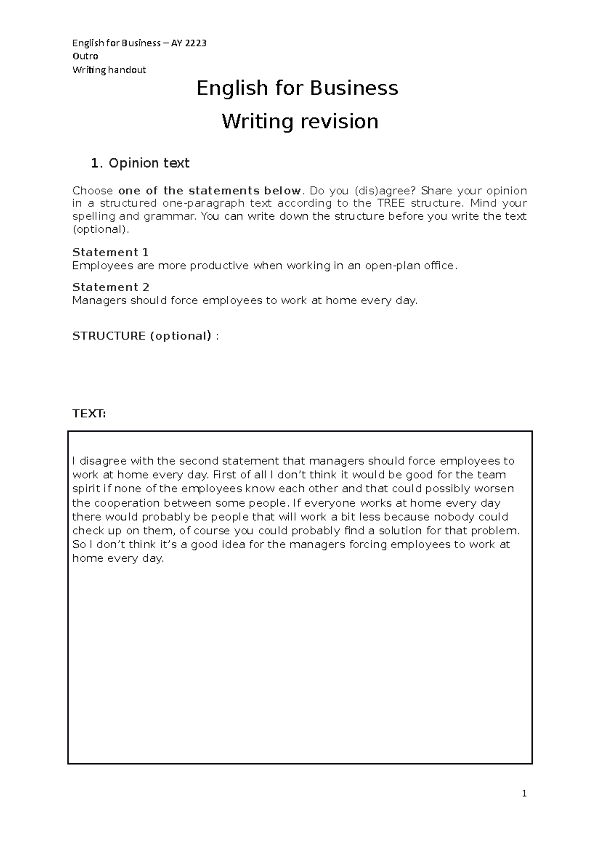 Outro - writing handout used in class - English for Business – AY 2223 ...