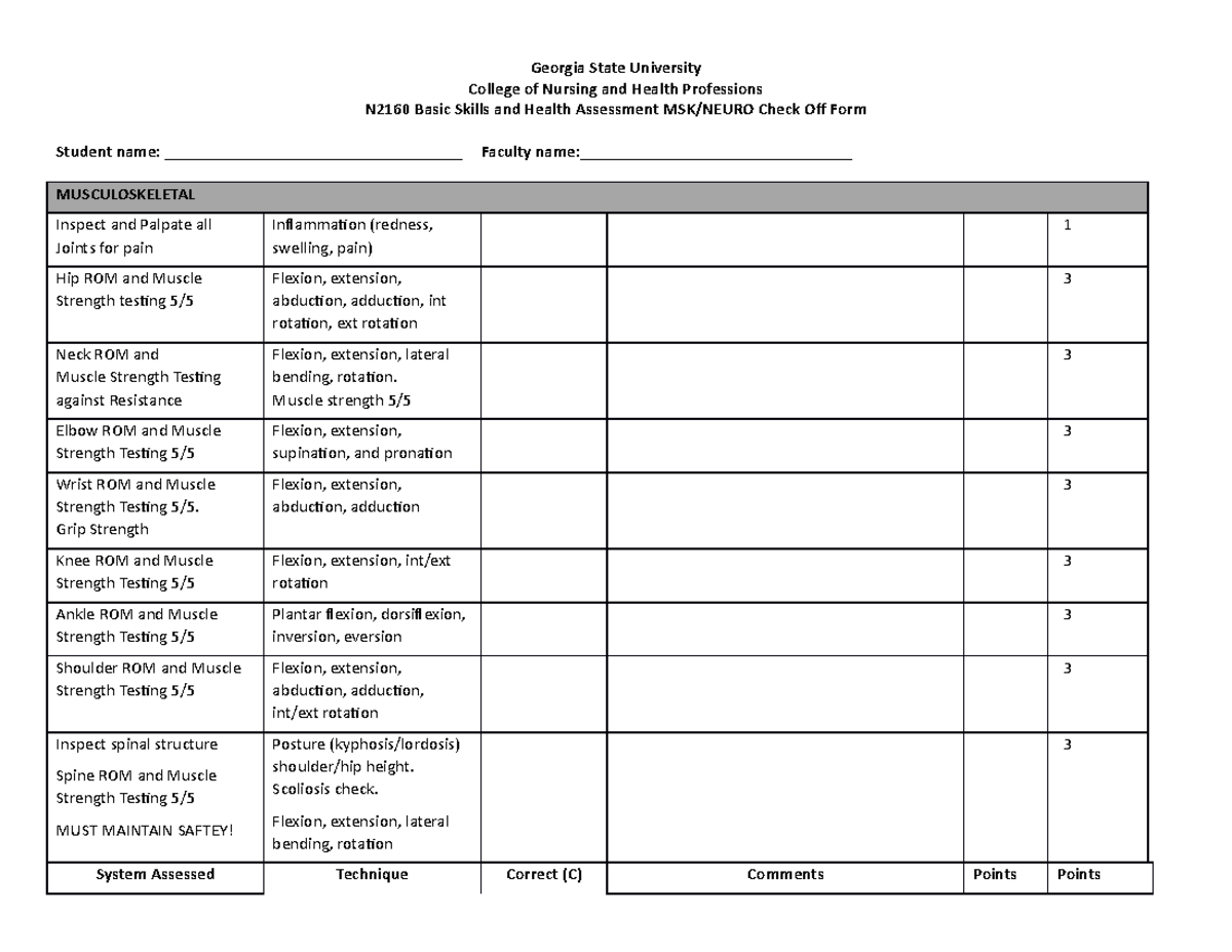 MSK Neuro Checkoff Form - Georgia State University College of Nursing ...