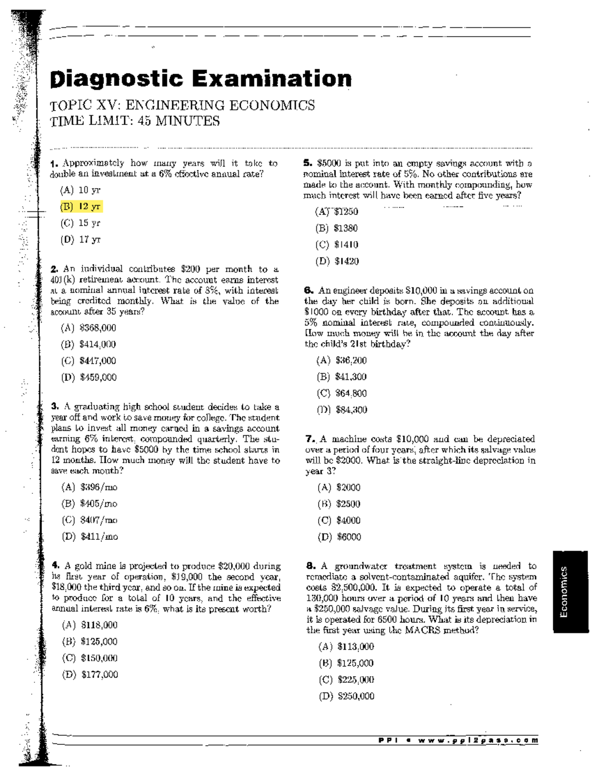 Engineering Economics - Diagnostic Examination TOPIC XV: ENGINEERING ECONOMICS TIME LIMIT: 45 ...