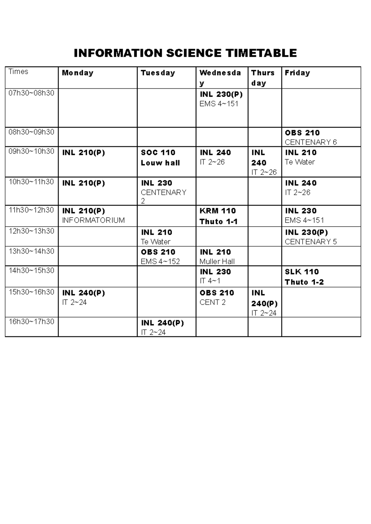 Timetable - content - INFORMATION SCIENCE TIMETABLE Times Monday ...
