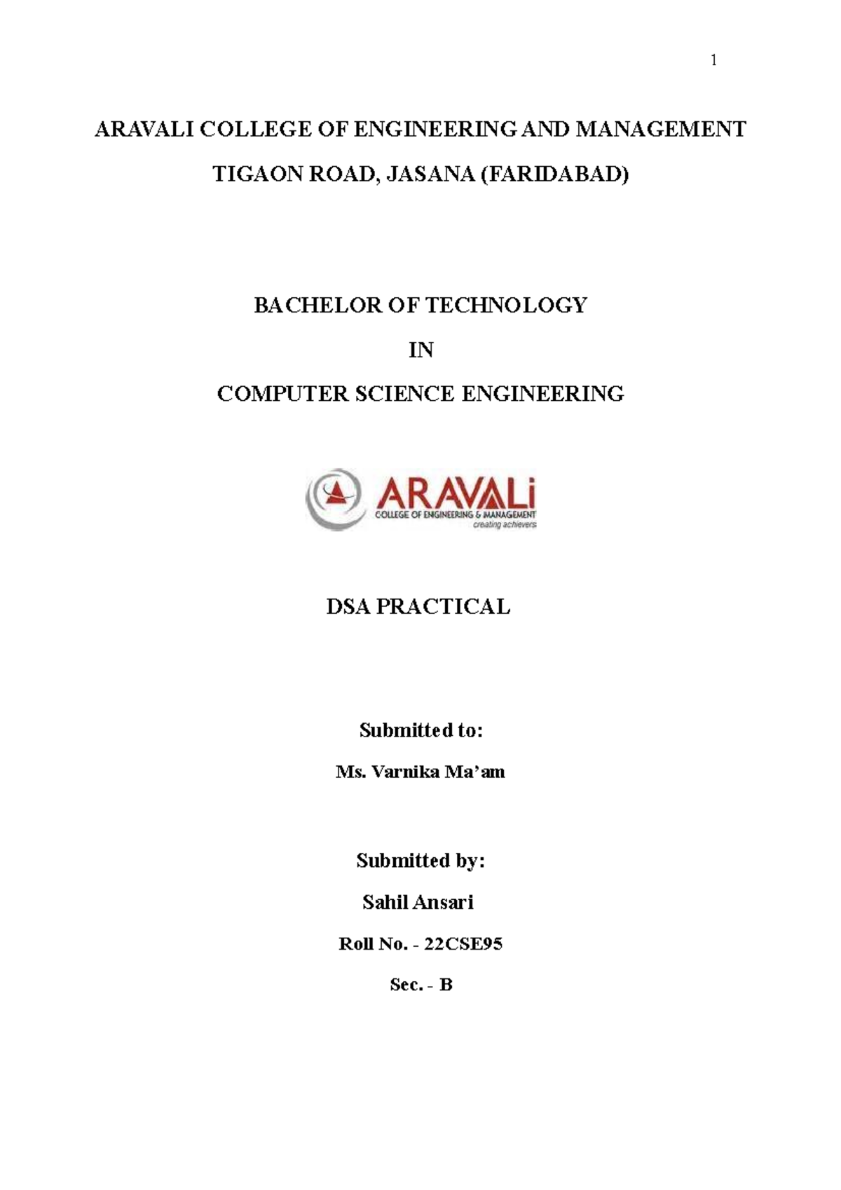 DSA - hey - ARAVALI COLLEGE OF ENGINEERING AND MANAGEMENT TIGAON ROAD ...