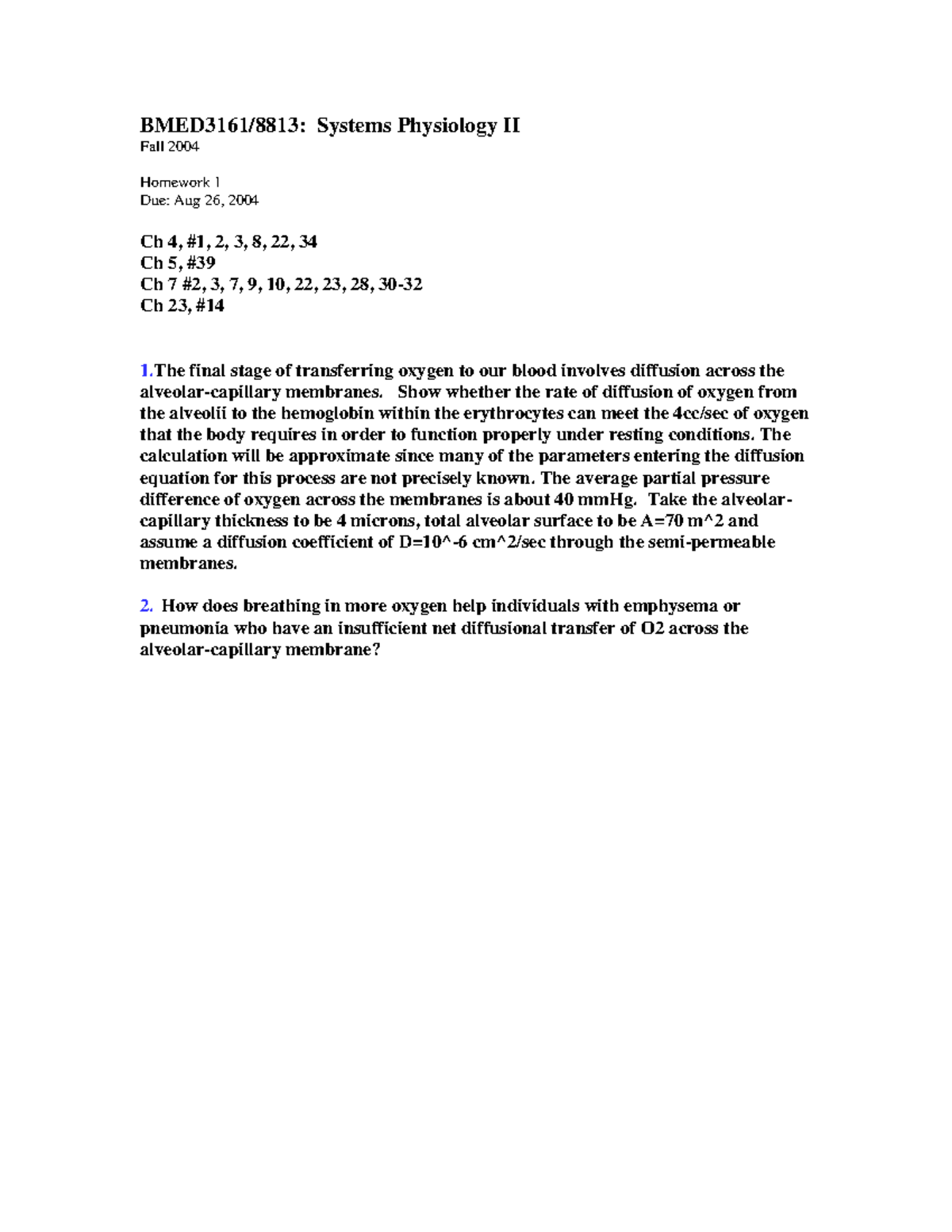 Hw1 Questions Homework Question With Solutions Bmed3161 8813 Systems Physiology Ii Fall