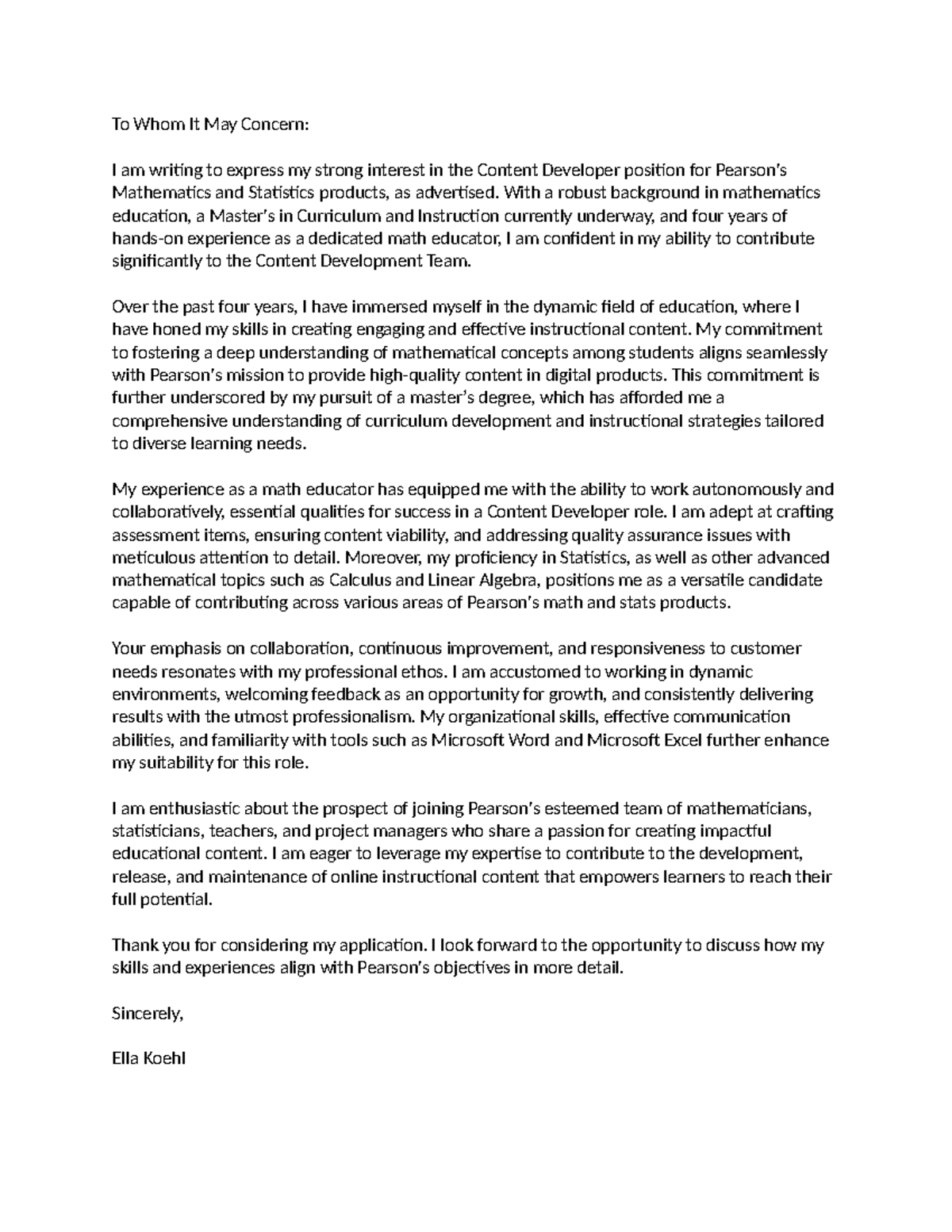 Pearson CL - Cover Letter - To Whom It May Concern: I am writing to ...