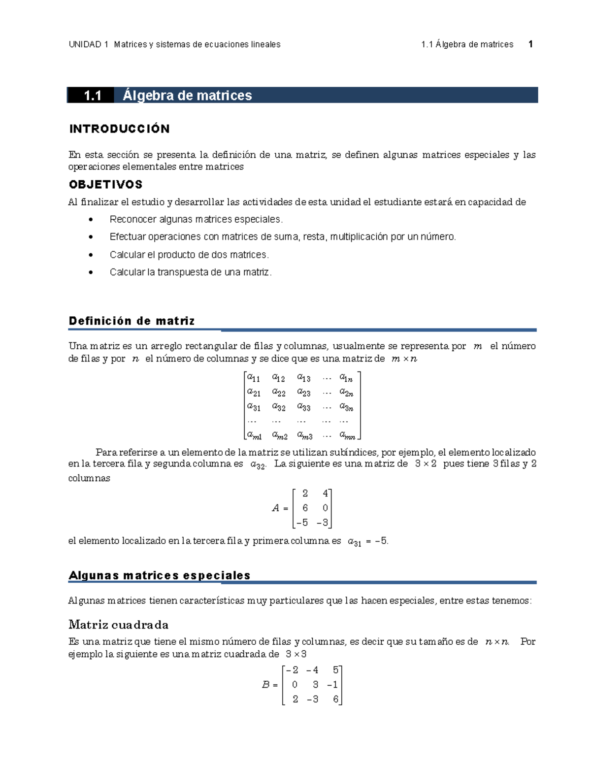 1.1 Algebra de matrices - 1 Álgebra de matrices INTRODUCCIÓN En esta sección se presenta la ...