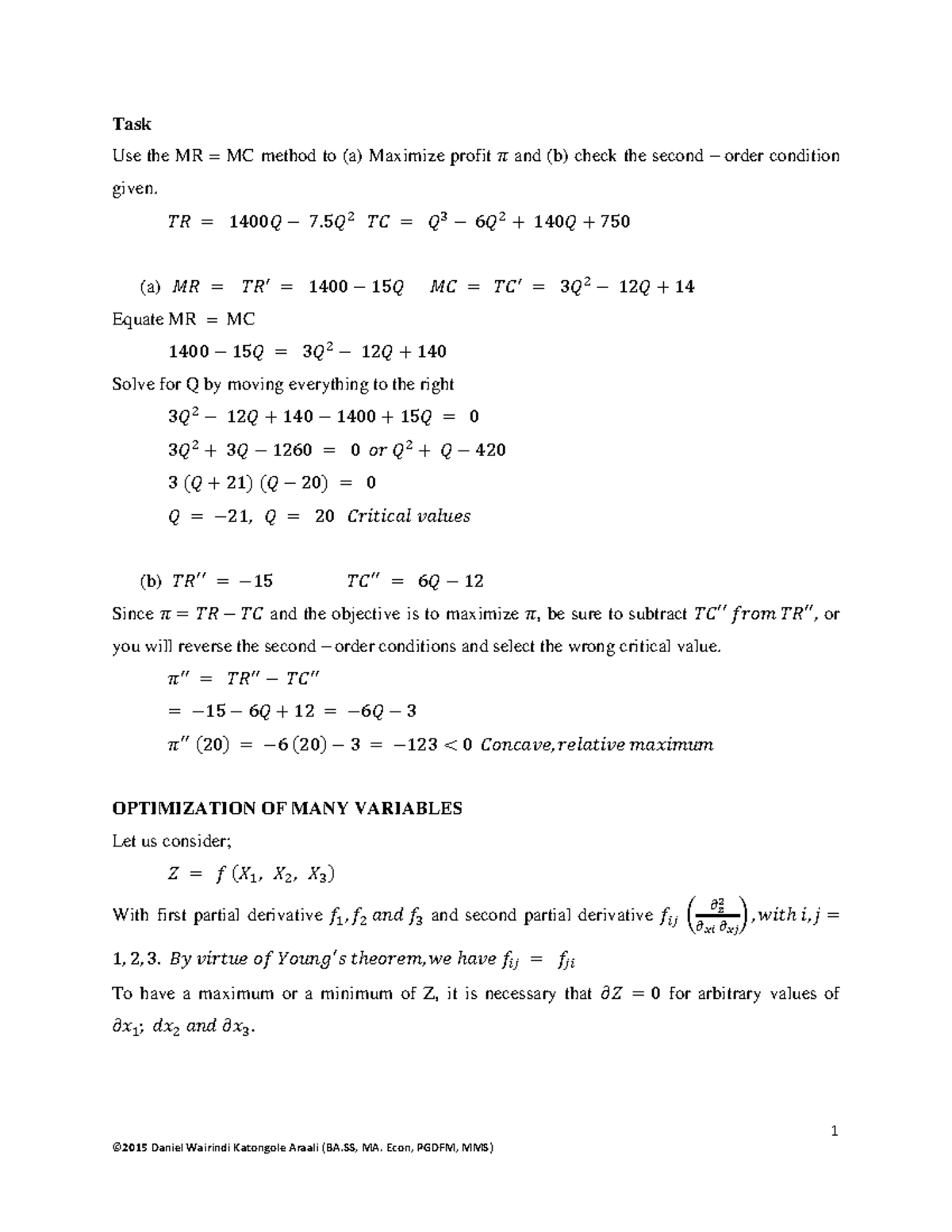 Price Discrimination - Daniel Wairindi - Task Use the MR = MC method to ...