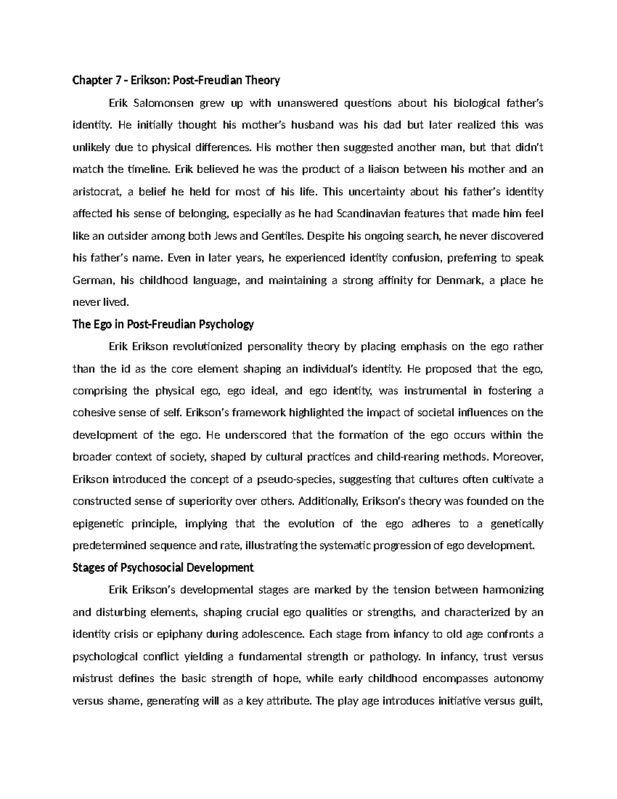 Erikson Theory Behavior Erikson's Stages - PSYCH-MENTAL HEALTH NP