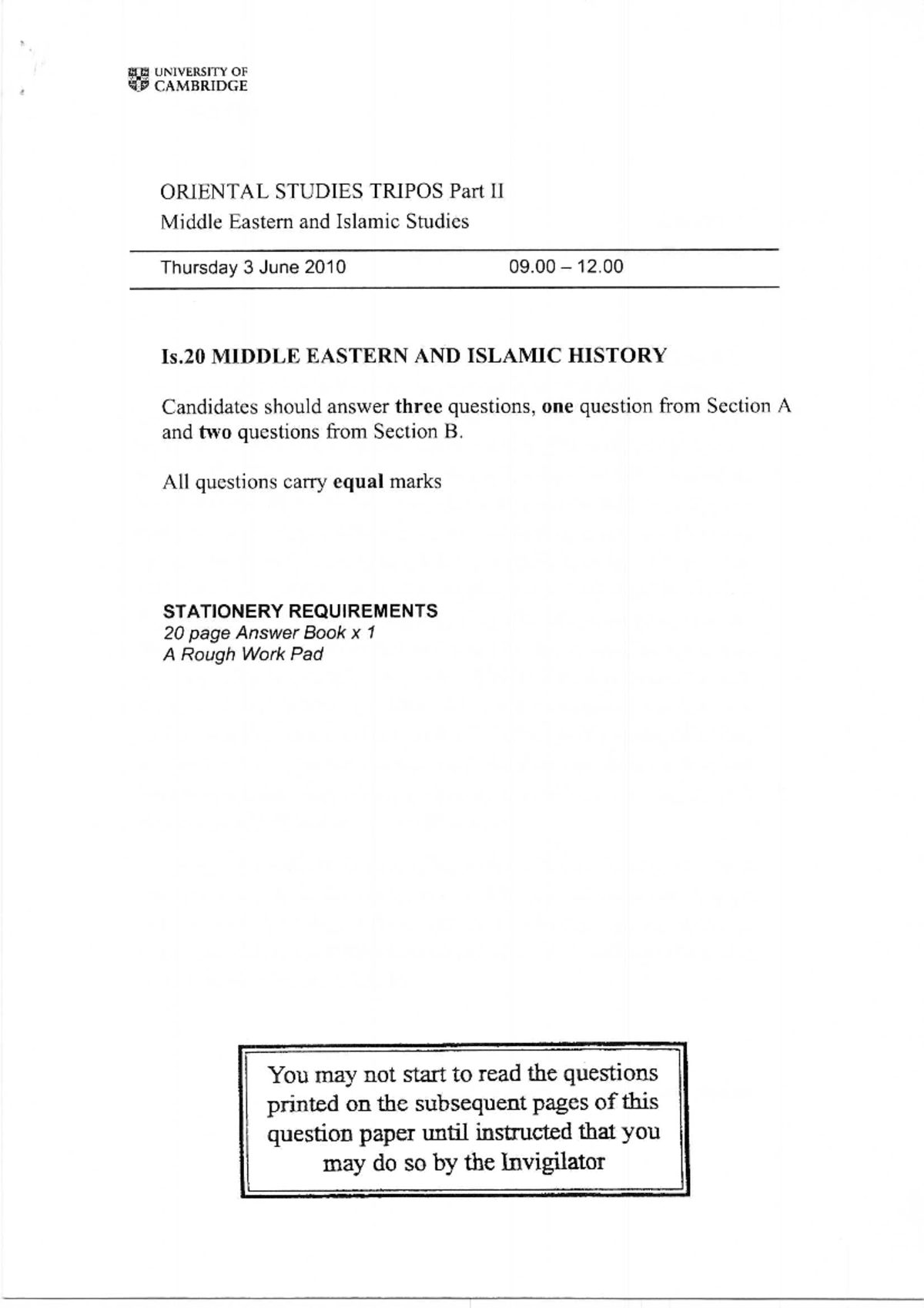 Exam 2010, questions - Exam 1 - M UNIVERSITY or F CAMBRIDGE ORIENTAL ...