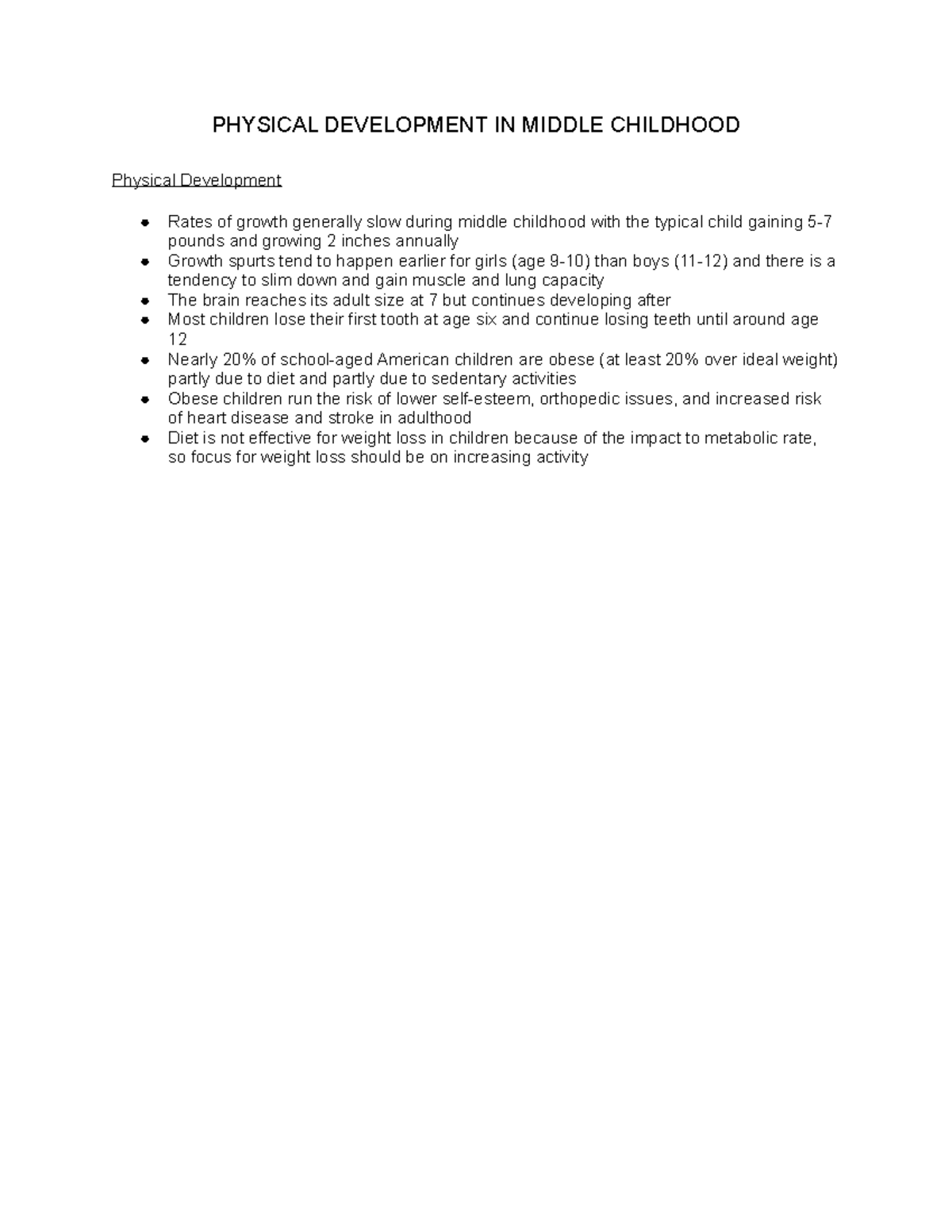 PSY 230 Module 6 Part 1 Notes Physical Development in Middle Childhood ...