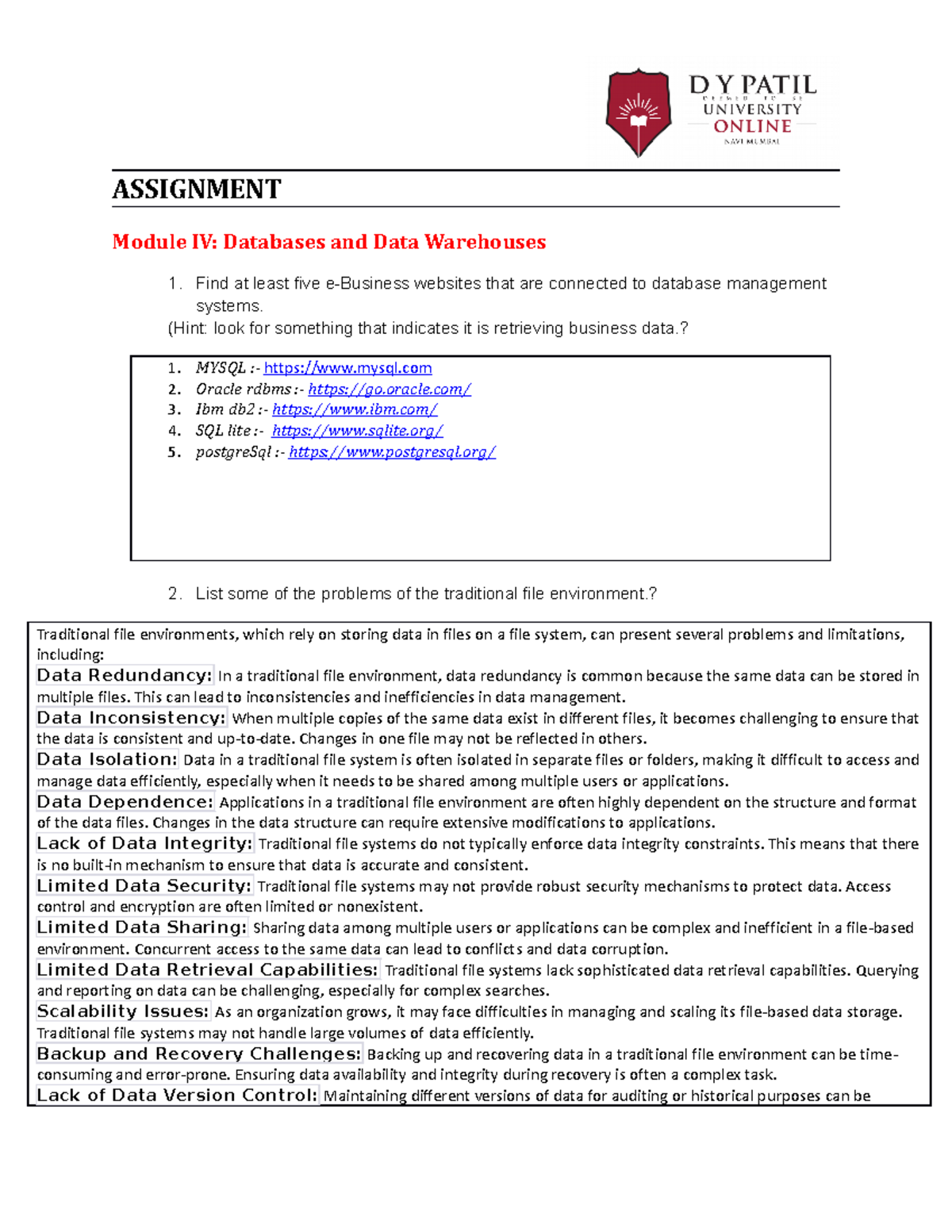 MIS- Module 4 - assingment - ASSIGNMENT Module IV: Databases and Data ...