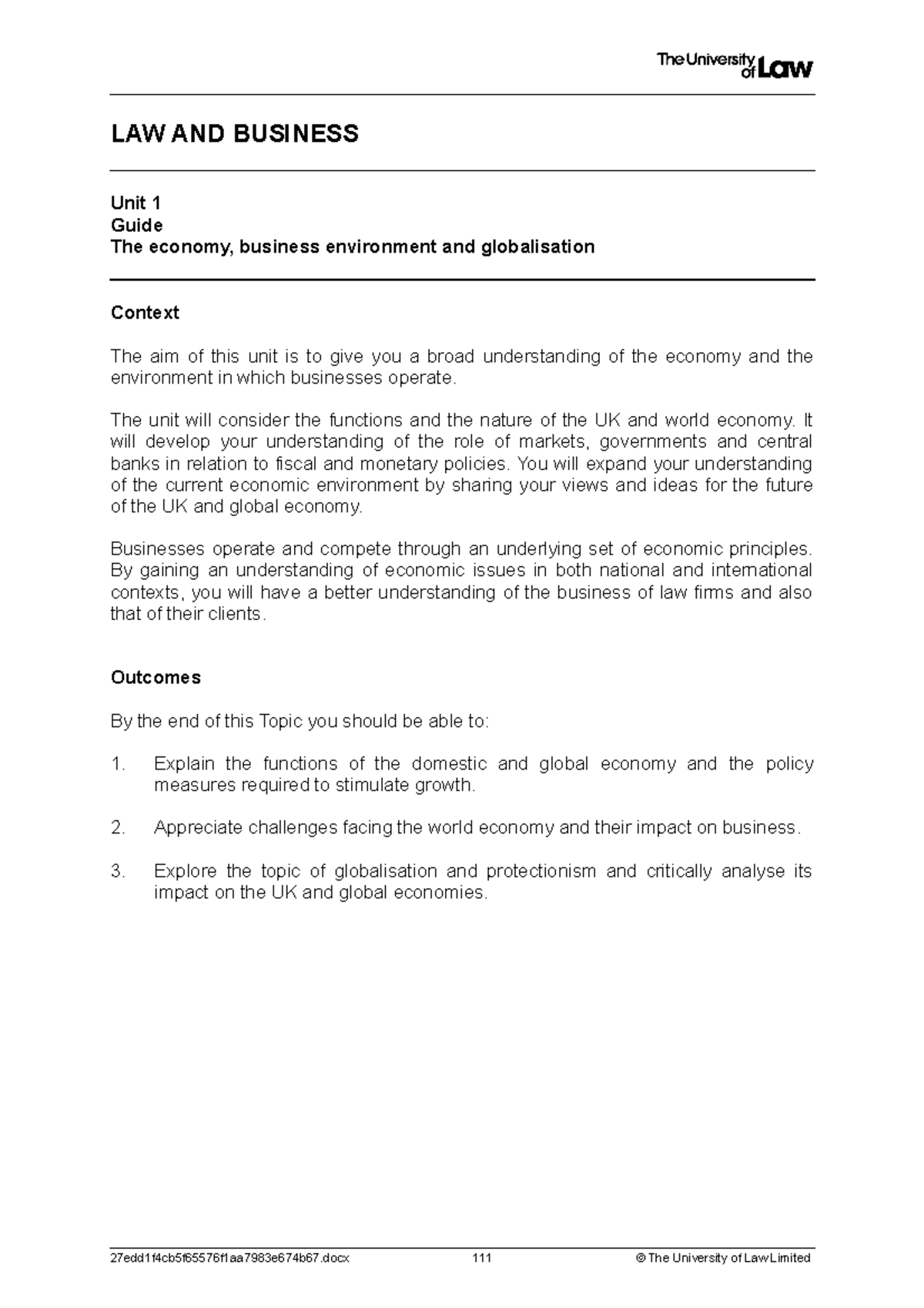The economy, business environment and globalisation (Week 1) - LAW AND BUSINESS Unit 1 Guide The ...