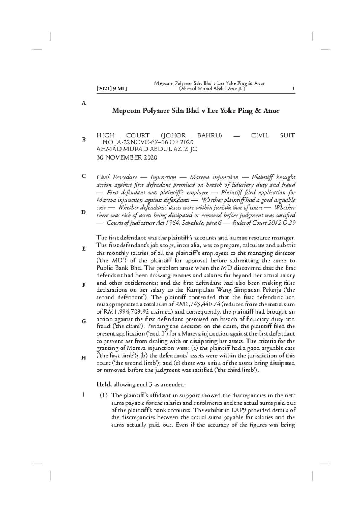 Mepcom Polymer Sdn Bhd v Lee Yoke Ping & Anor, [2021] 9 MLJ 1 ...