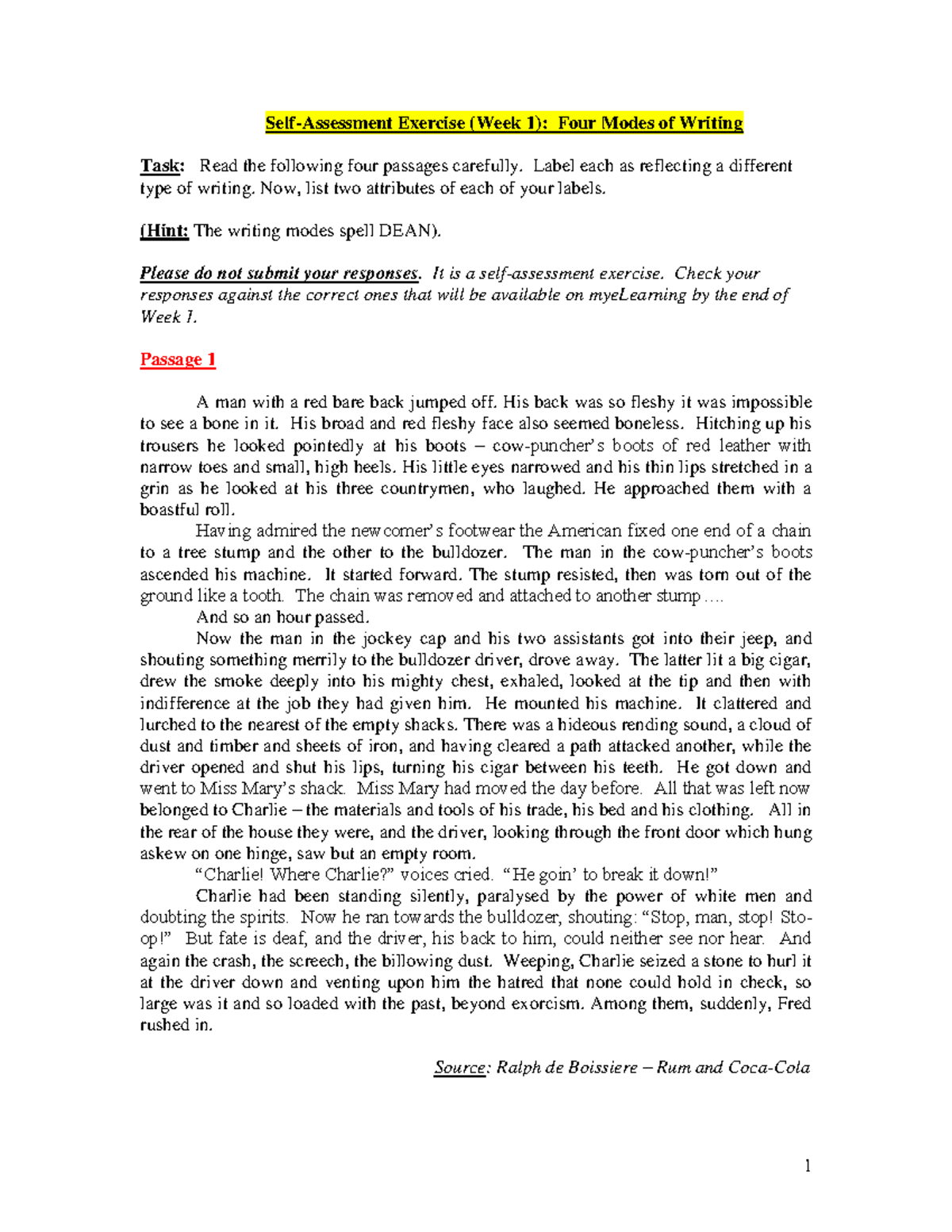 Self Assessment Exercise (Week 1) - Four Modes of Writing - Self ...