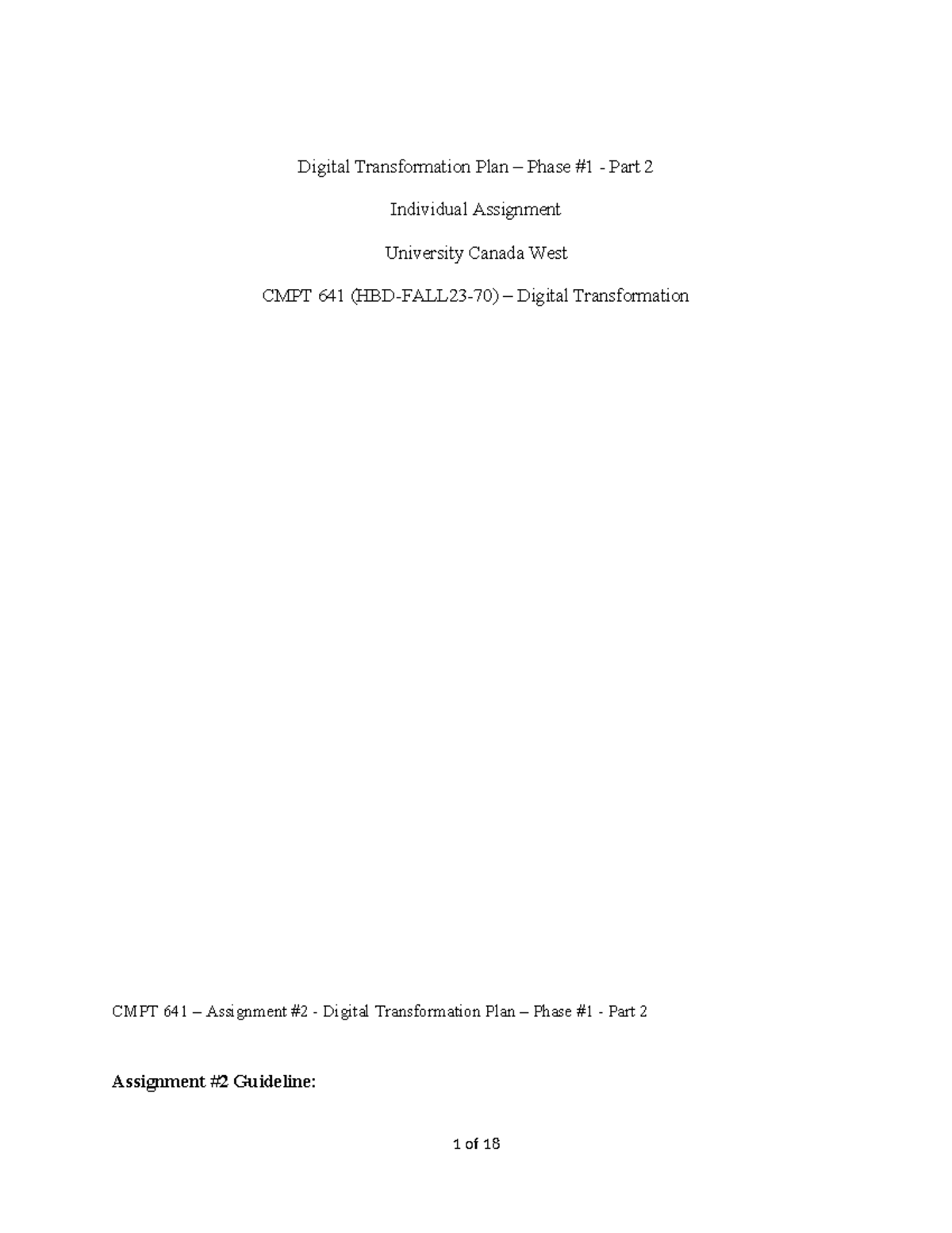 Part 2 CMPT - Assignment rubrics - Digital Transformation Plan – Phase #1 - Part 2 Individual ...