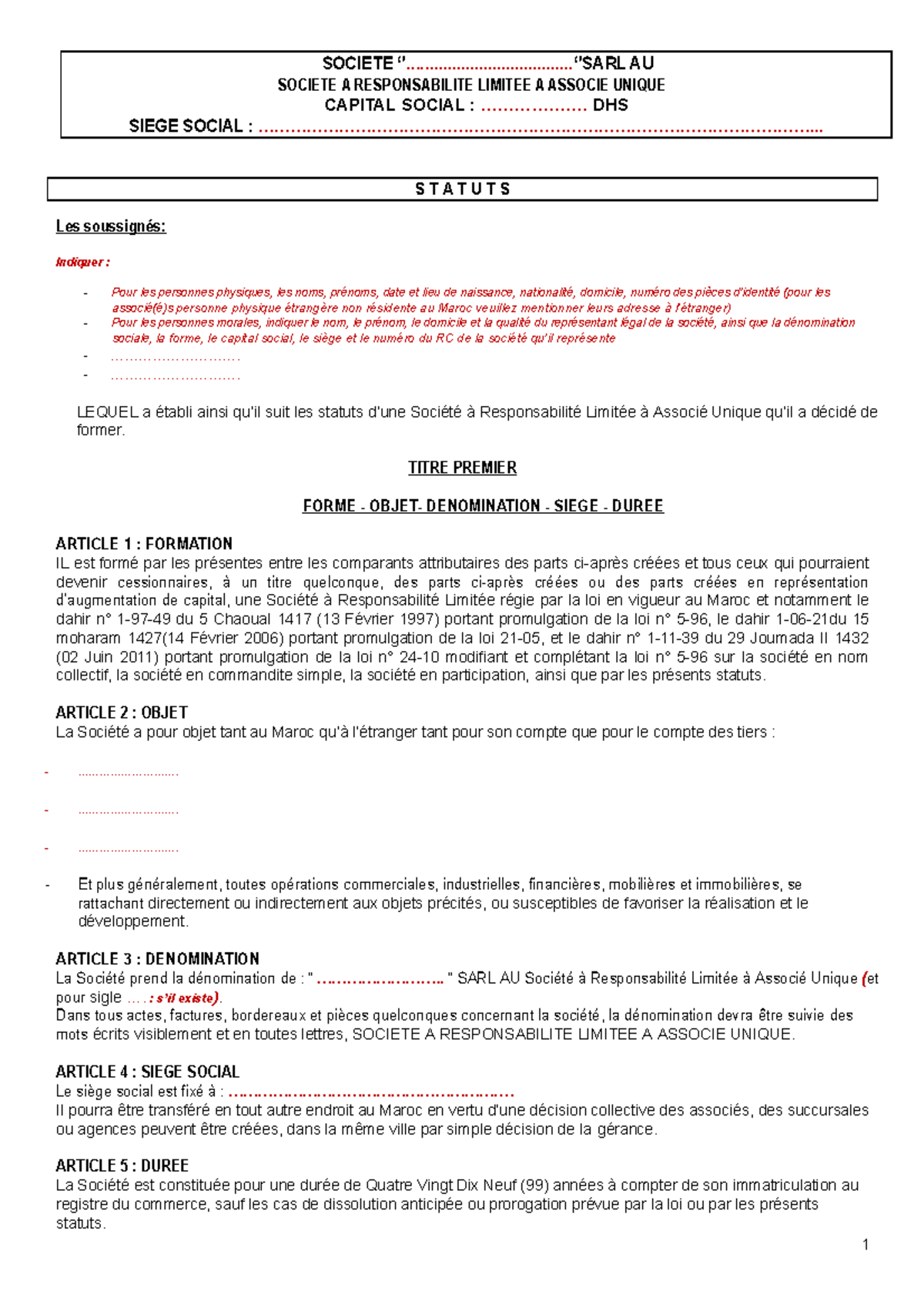 Modèle de statuts SARL - SARL - 1 SOCIETE ...