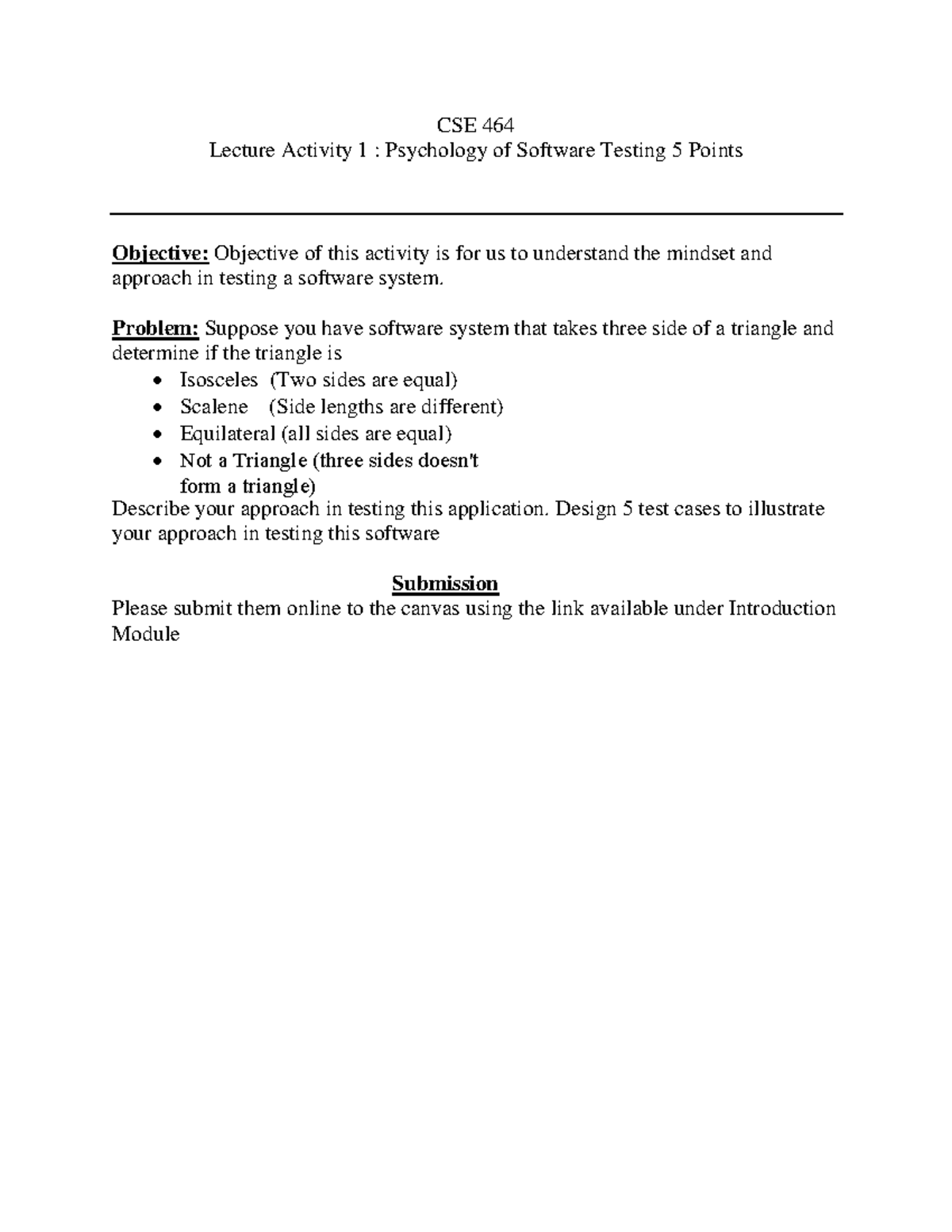 In Class 1 Psychology Of Testing Cse 464 Lecture Activity 1 Psychology Of Software Testing 5