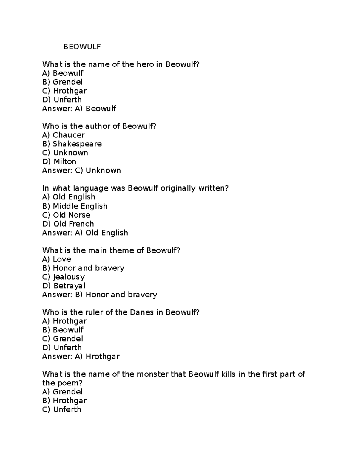 Beowulf - QUIZ - BEOWULF What is the name of the hero in Beowulf? A ...