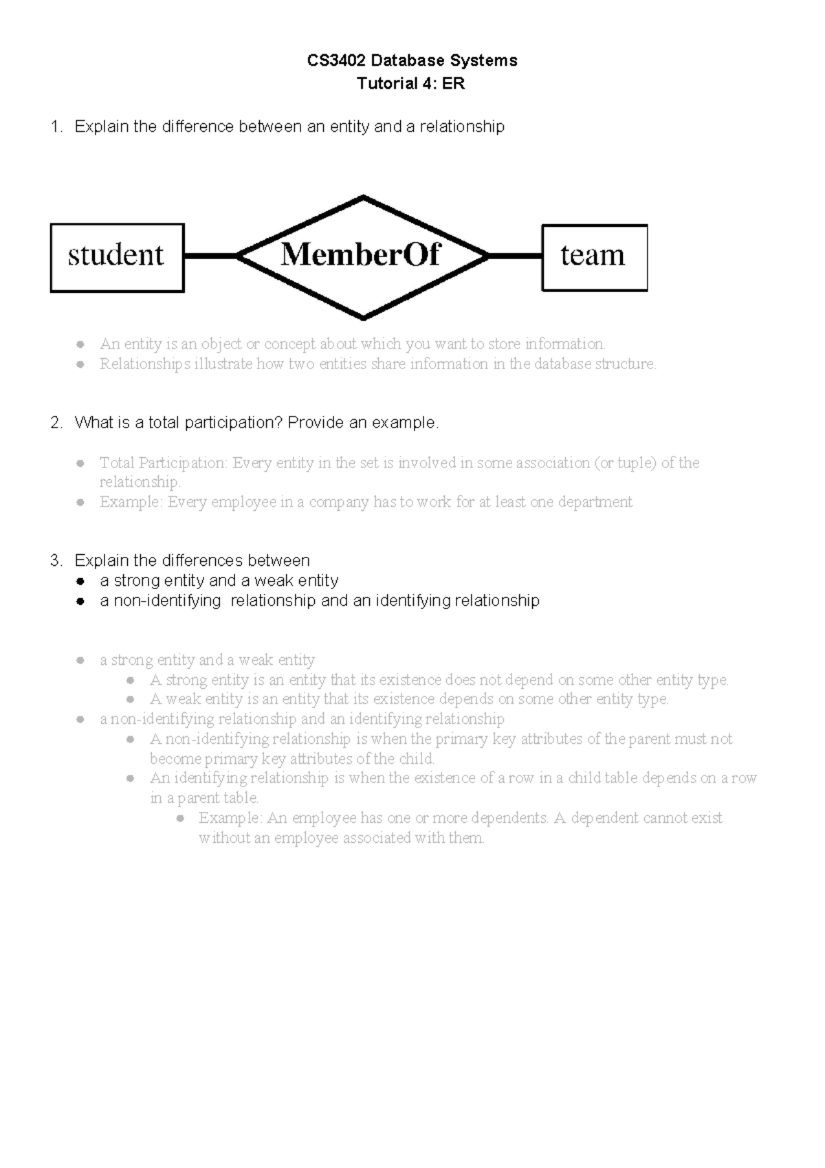 ST4-ER - Summary Database Systems - CS3402 Database Systems Tutorial 4: ER 1. Explain the ...