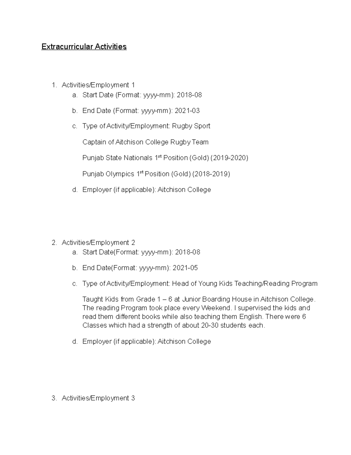 Extra Curricular Activities FORM TO BE Filled - Extracurricular ...