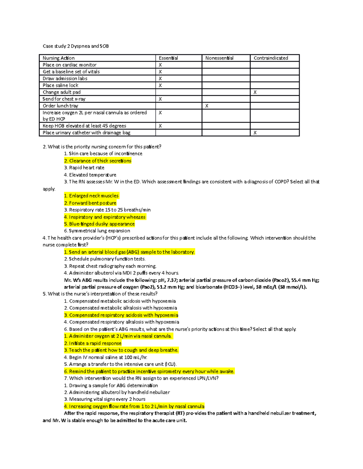 Case study 2 Dyspnea and SOB - W in the ED. Which assessment findings ...