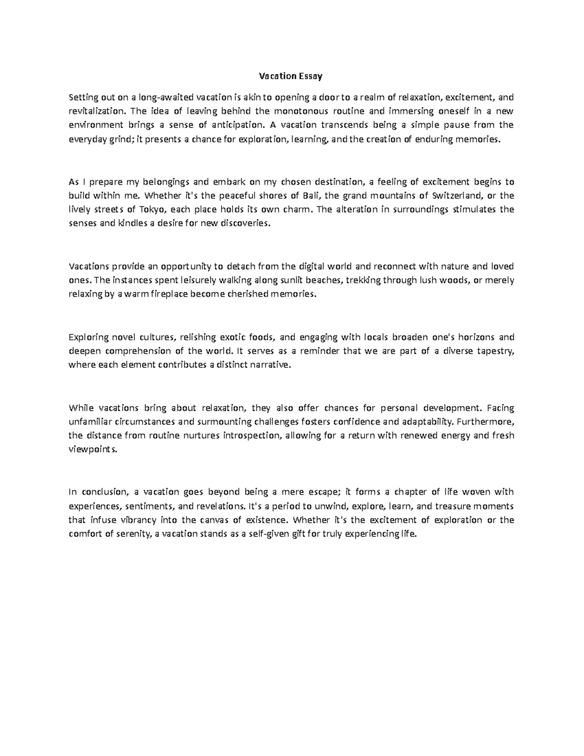Vacation Essay - Vacation Essay Setting out on a long-awaited vacation ...