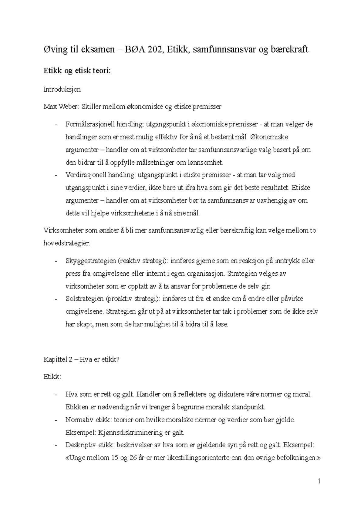 Øving til eksamen - øving til eksamen i bøa202 - Øving til eksamen – BØA 202, Etikk ...