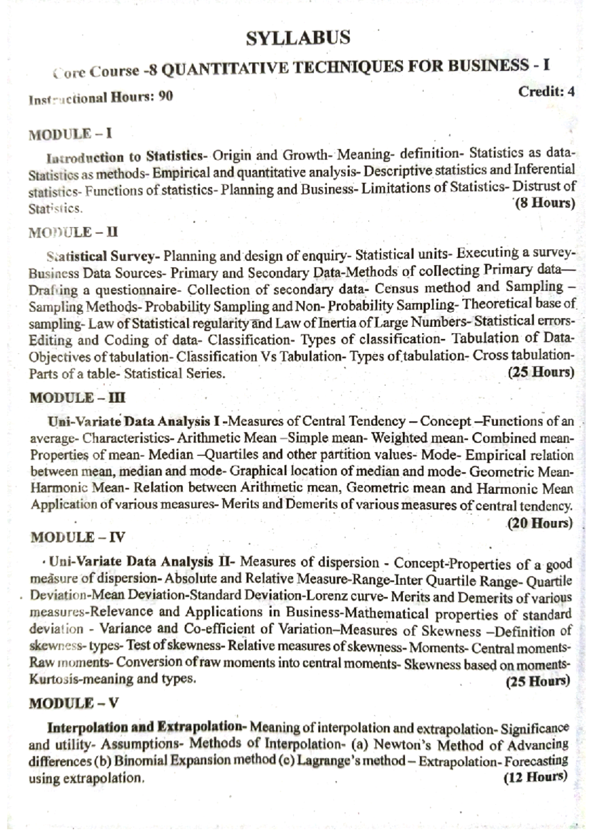 Qt syllabus - SYLLABUS Core Course QUANTITATIVE TECHNIQUES FOR BUSINESS I Instructional Hours ...