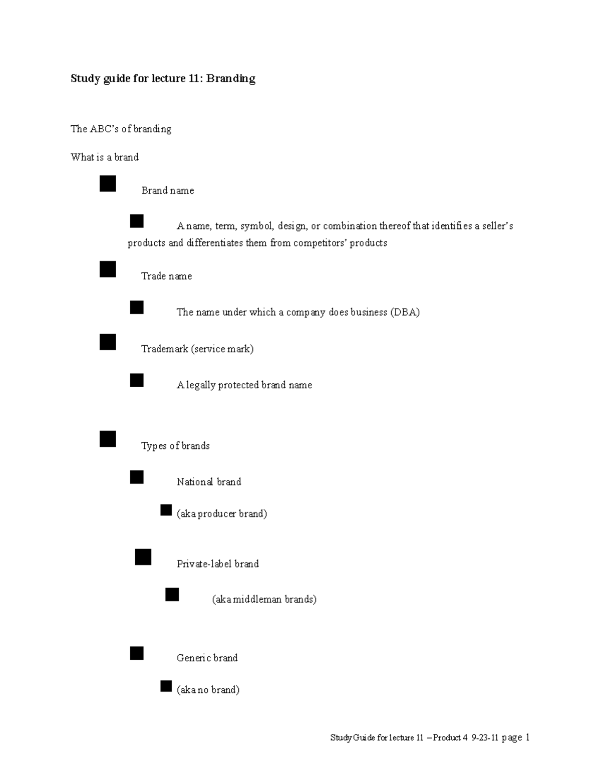 Study Guide for Lecture 11 - Branding - Study guide for lecture 11 ...