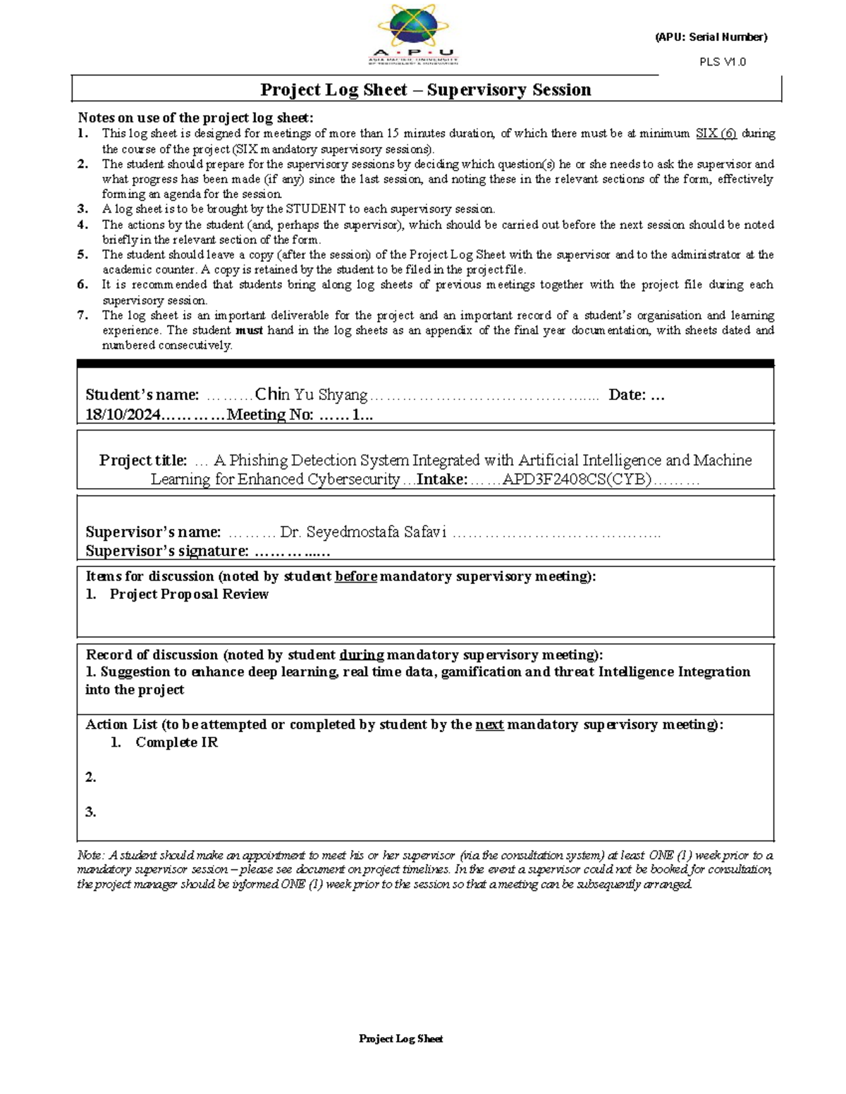 APU Project Log Sheet 1 - Project Log Sheet – Supervisory Session Notes ...