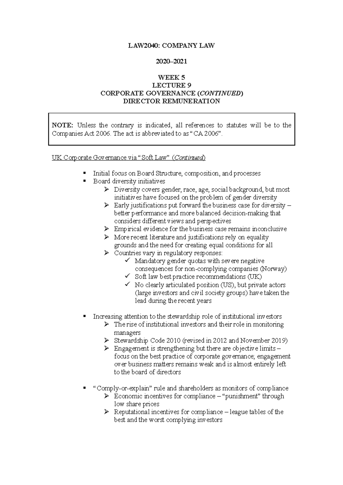 Company Law Week 5 Lec 9 Outline - LAW2040: COMPANY LAW 2020– WEEK 5 ...