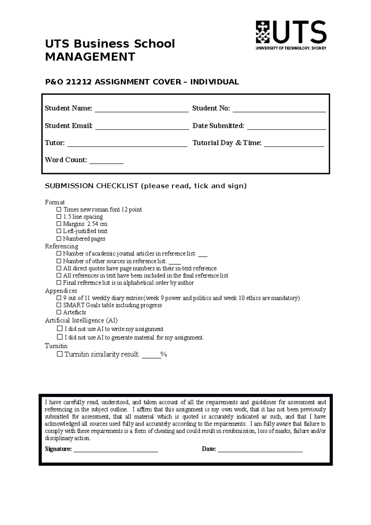 Individual Cover Sheet-4 - UTS Business School MANAGEMENT P&O 21212 ...