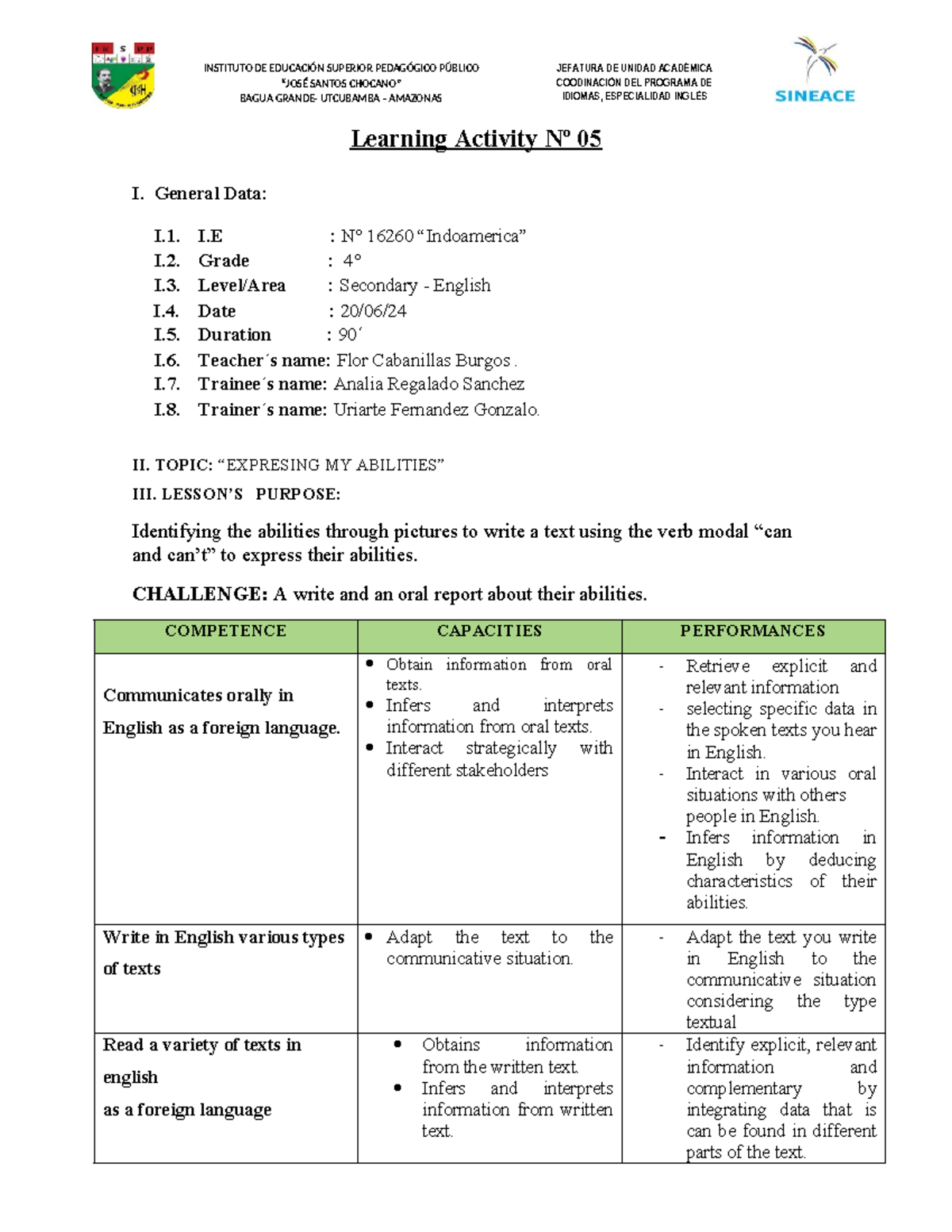 5 Lesson PLAN Abilities 4° - “JOSÉ SANTOS CHOCANO” BAGUA GRANDE ...