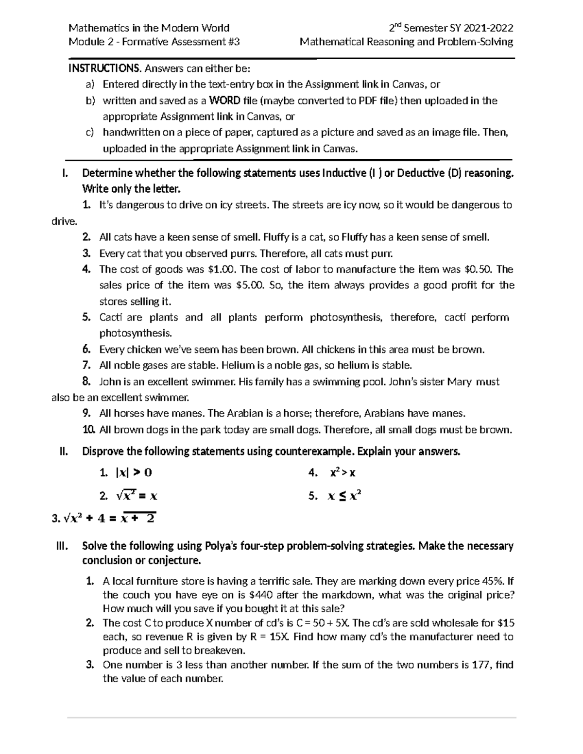Math Reasoning And Problem Solving practice Mathematics In The