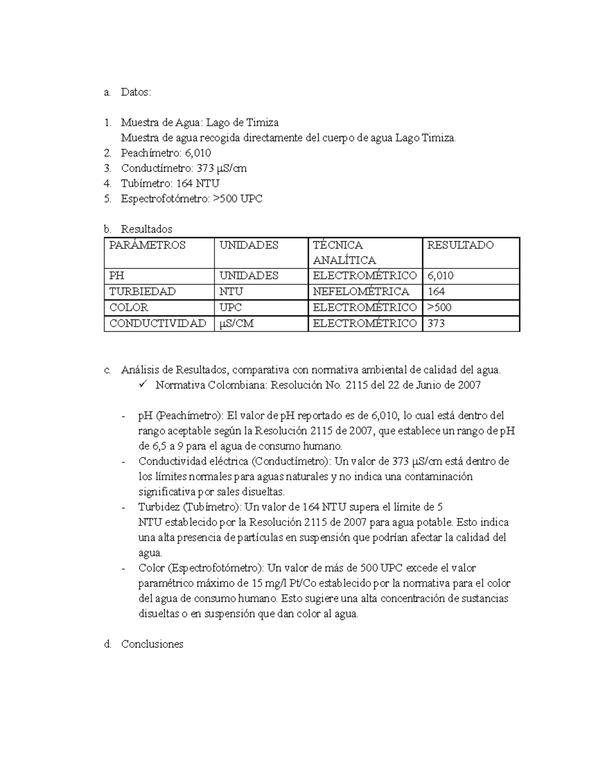 Informe PH, Conductividad, Color Y Turbidez - a. Datos: Muestra de Agua: Lago de Timiza Muestra ...