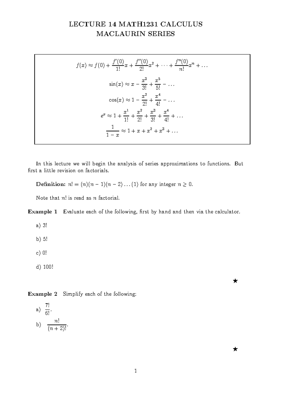 Lecture 14 Mac Laurin Series - LECTURE 14 MATH1231 CALCULUS MACLAURIN ...