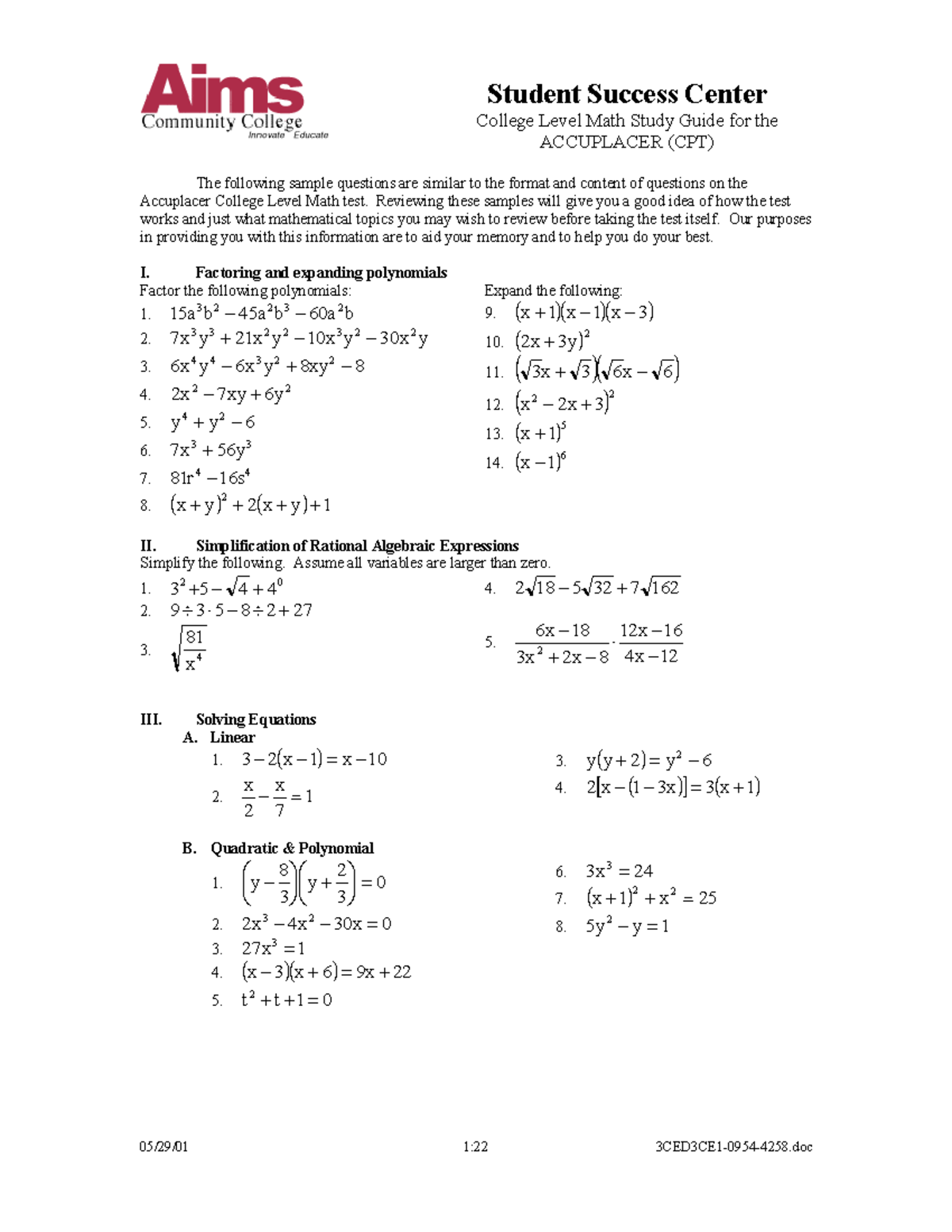 College Algebra Study Guide - Student Success Center College Level Math ...