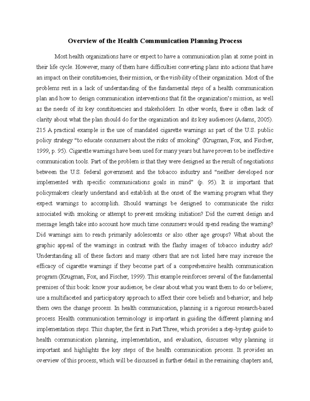 Overview of the Health Communication Planning Process - However, many ...