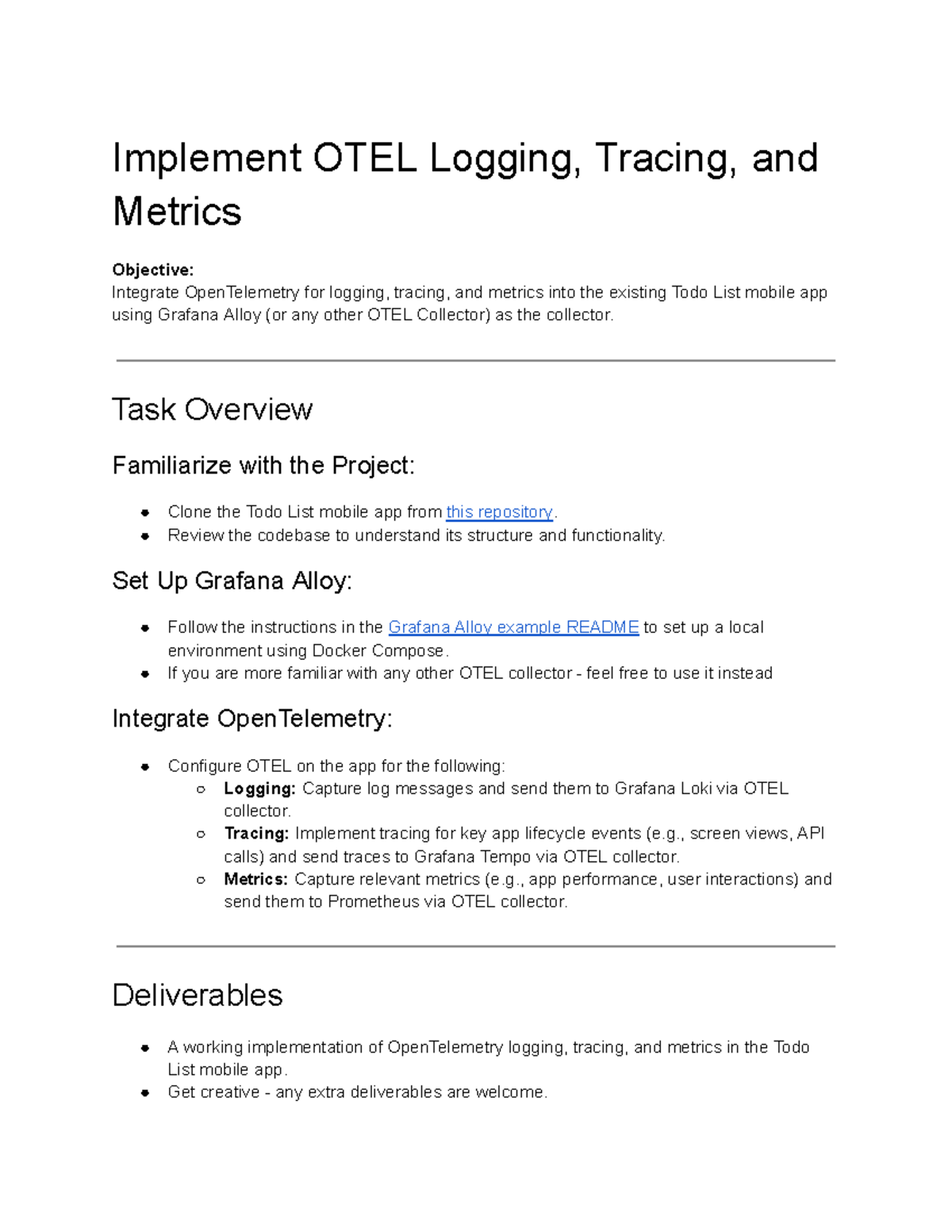 React Native Task - Test - Implement OTEL Logging, Tracing, and Metrics ...