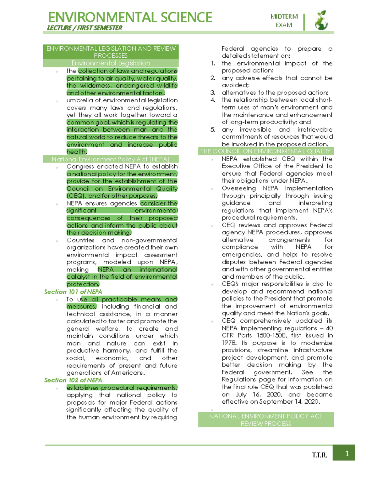 Environmental- Science - ENVIRONMENTAL SCIENCE LECTURE / FIRST SEMESTER ...